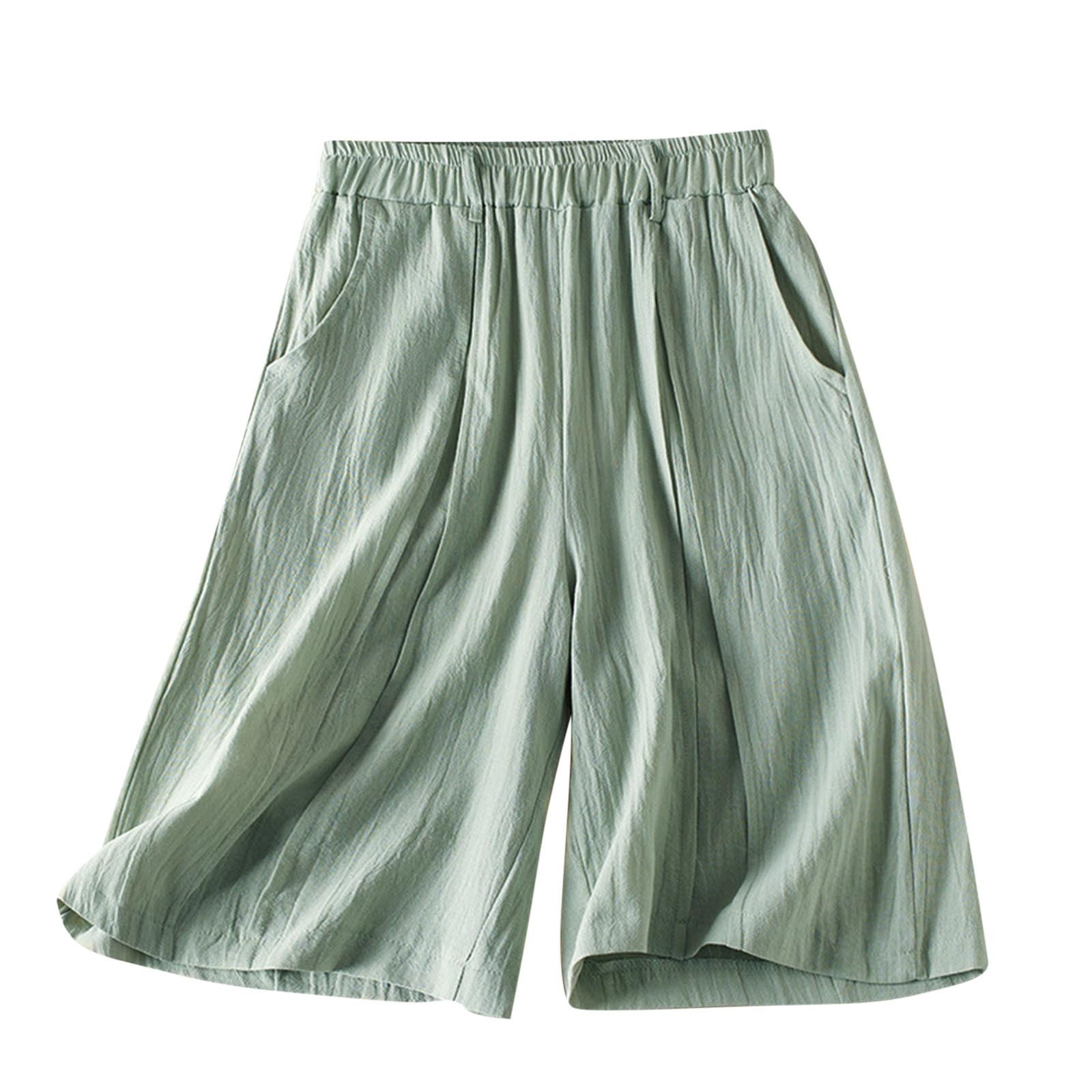 Annhoo Cotton Linen Shorts For Women Summer Elastic High Waist Knee