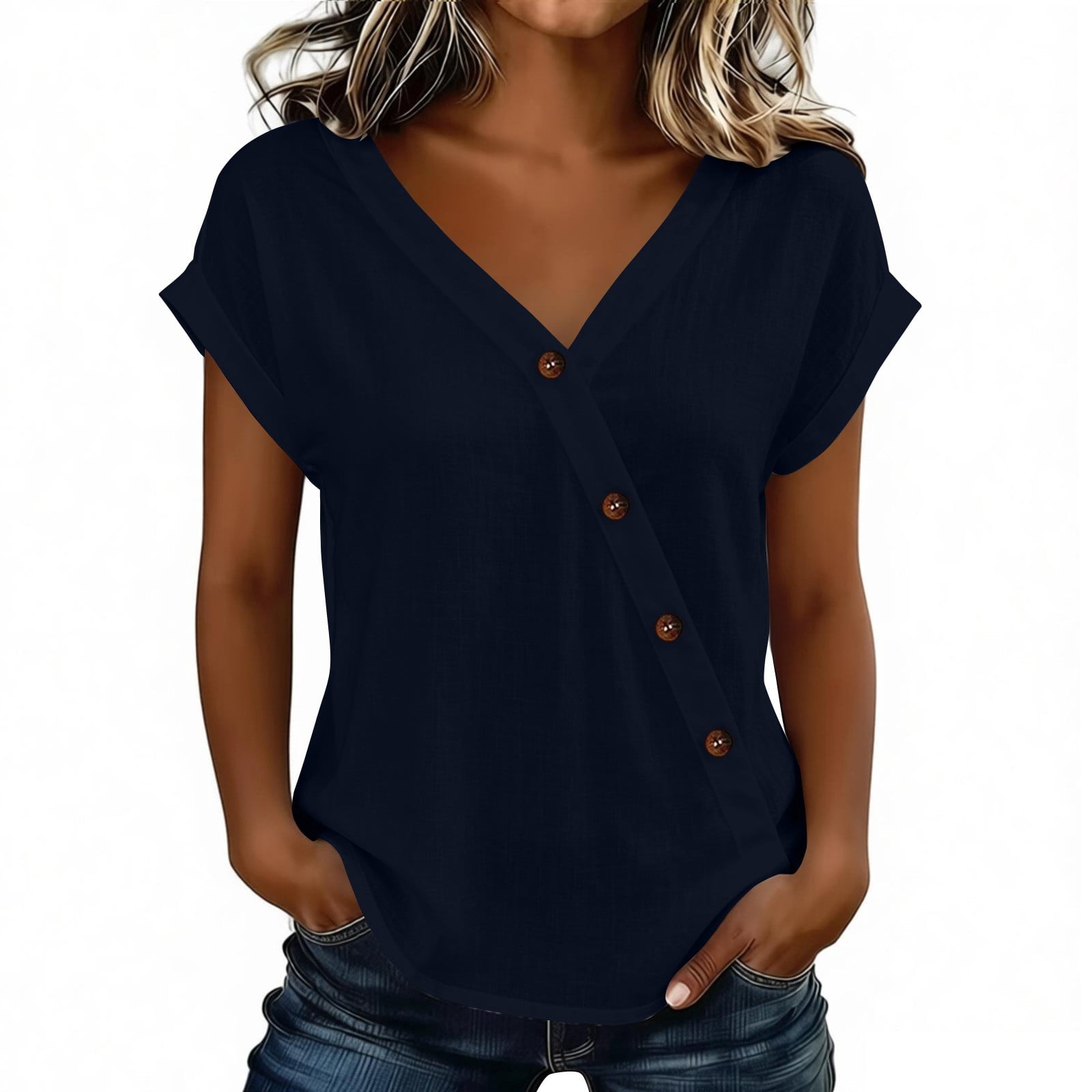Annhoo Cotton Shirts for Women V Neck Short Sleeve Diagonal-Button ...