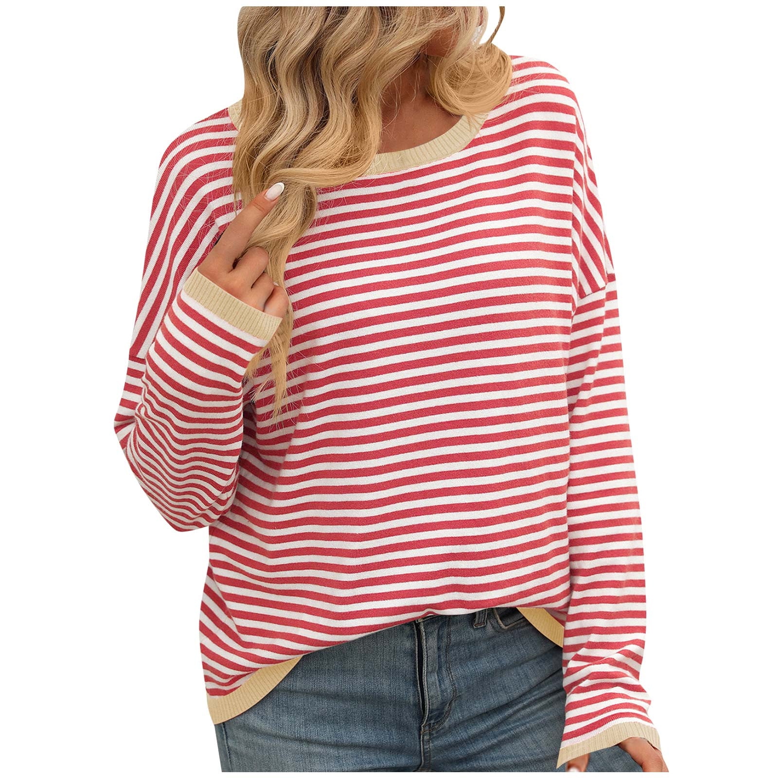 Annhoo Crewneck Sweatwes for Women Fall Color Block Long Sleeve Striped ...