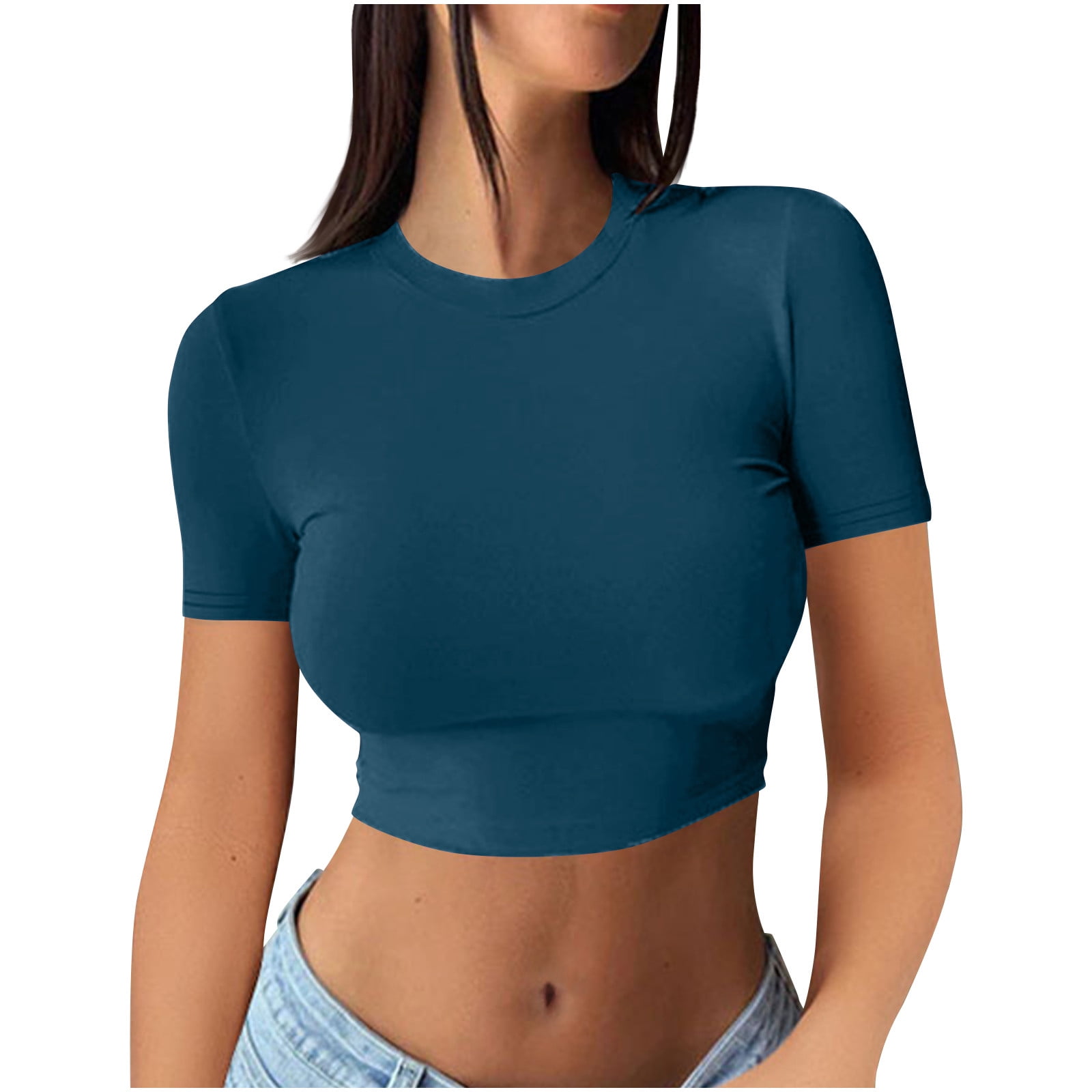 Annhoo Crop Tops for Women Summer Basic Slim Short Sleeve Crewneck T ...