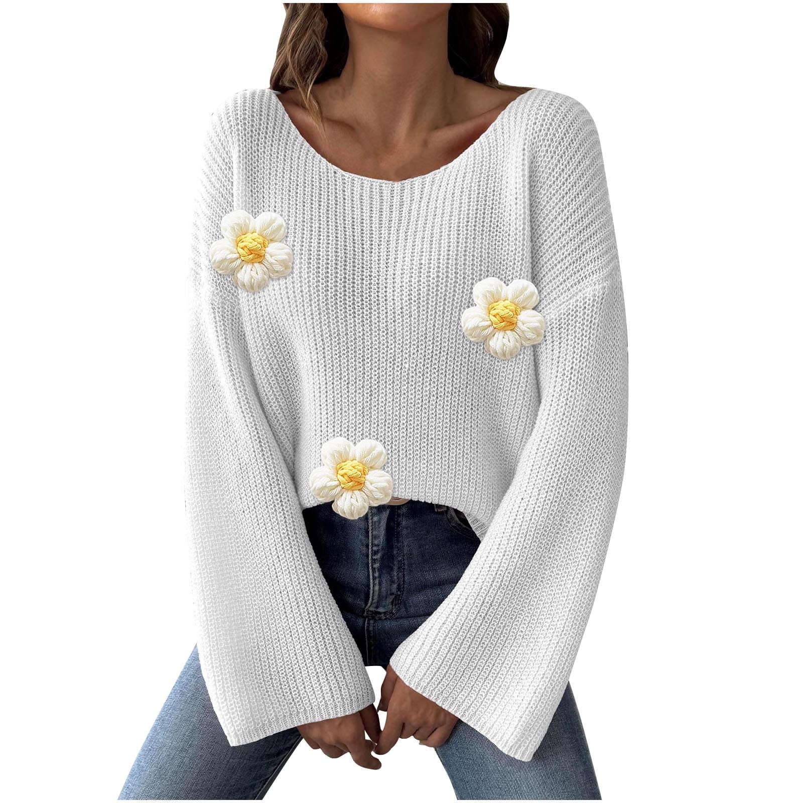 Annhoo Fall Sweaters for Women Cute Floral Crochet Flared Sleeve Tops ...