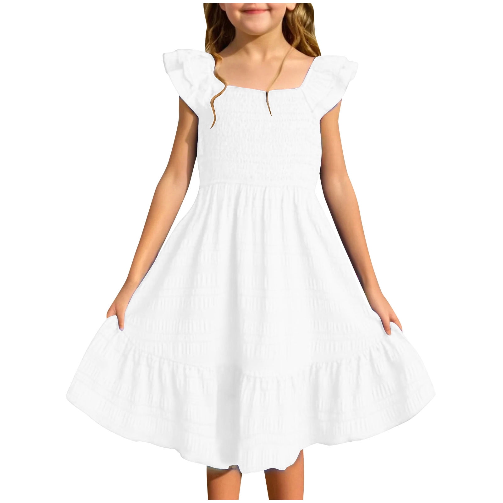 Annhoo Girl's Ruffle Short Sleeve Dress Summer Beach Sundress Square ...