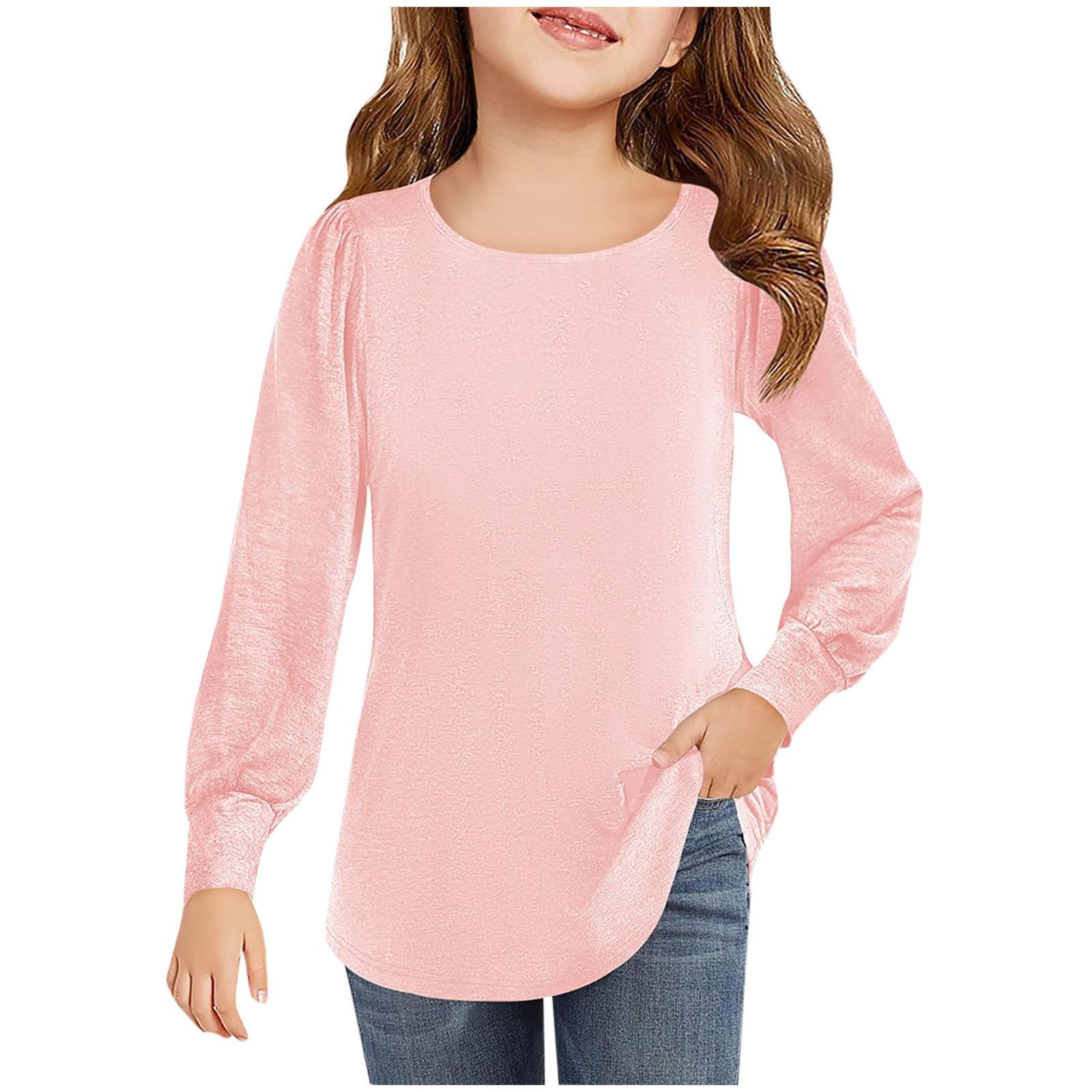 Annhoo Girls Puff Long Sleeve Shirts Kids Spring Casual Crewneck Dressy ...