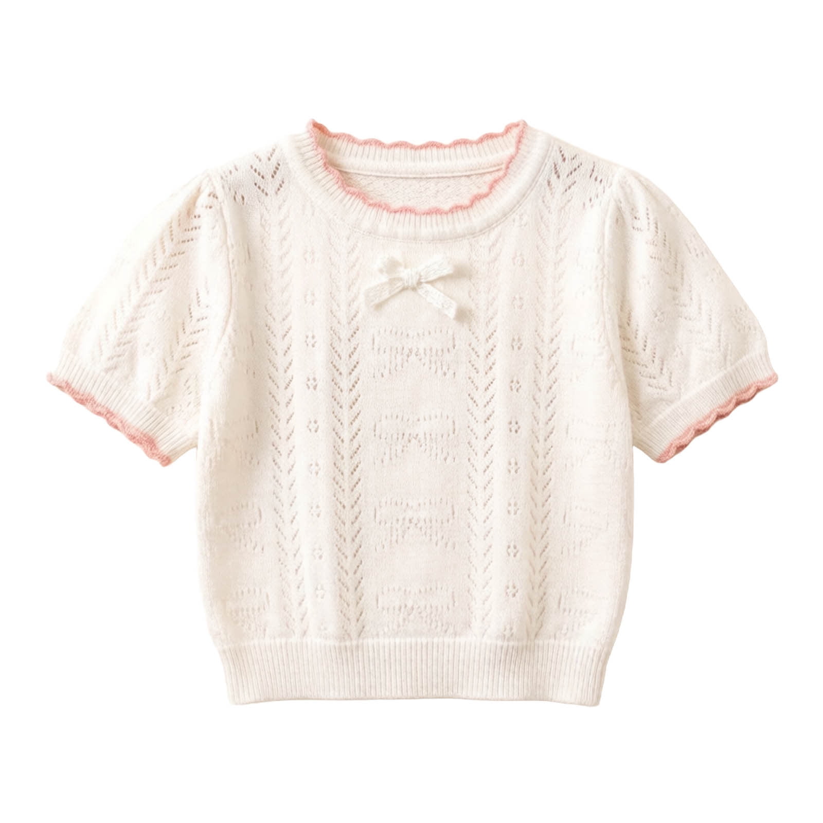 Annhoo Kids Baby Knit Tops with Bow Lace-Trim Short Sleeve Eyelet ...