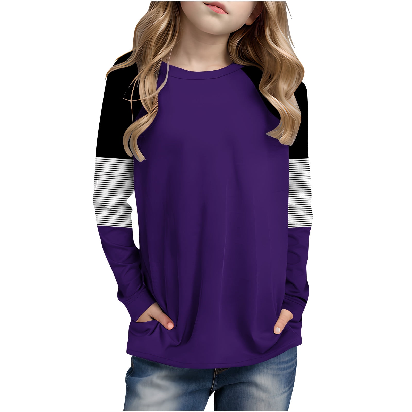 Annhoo Kids Girls Tops Sports Casual Color Block Long Sleeve Crew Neck ...