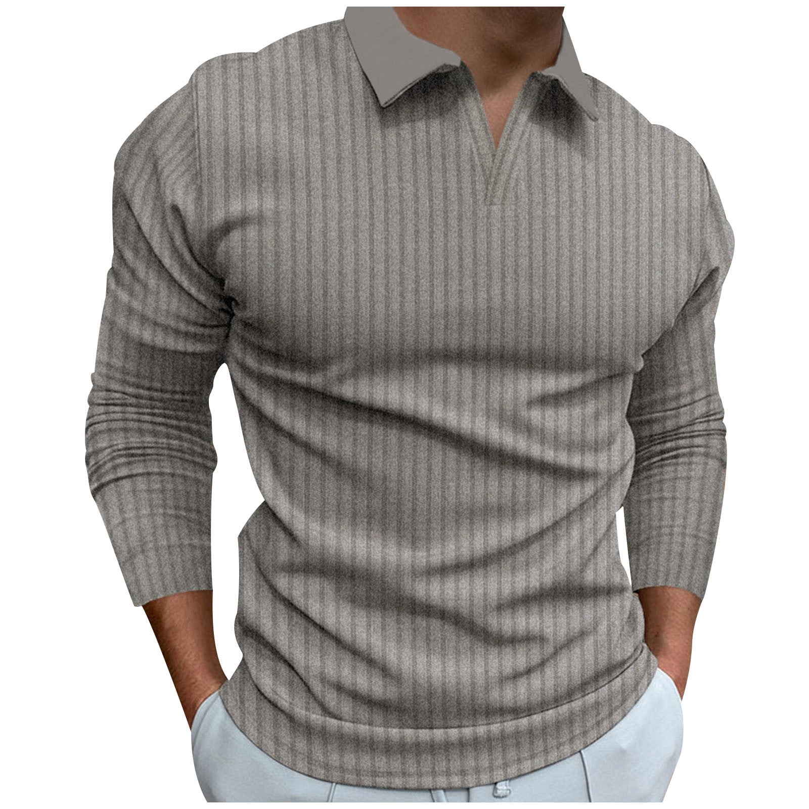 Annhoo Knit Shirts for Men Collared Striped Long Sleeve Solid Color ...