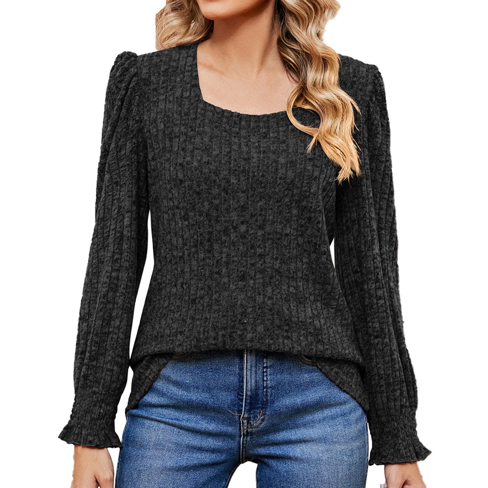 Annhoo Knitted Tops for Women Trendy Puff Sleeve Square Neck Pullover ...