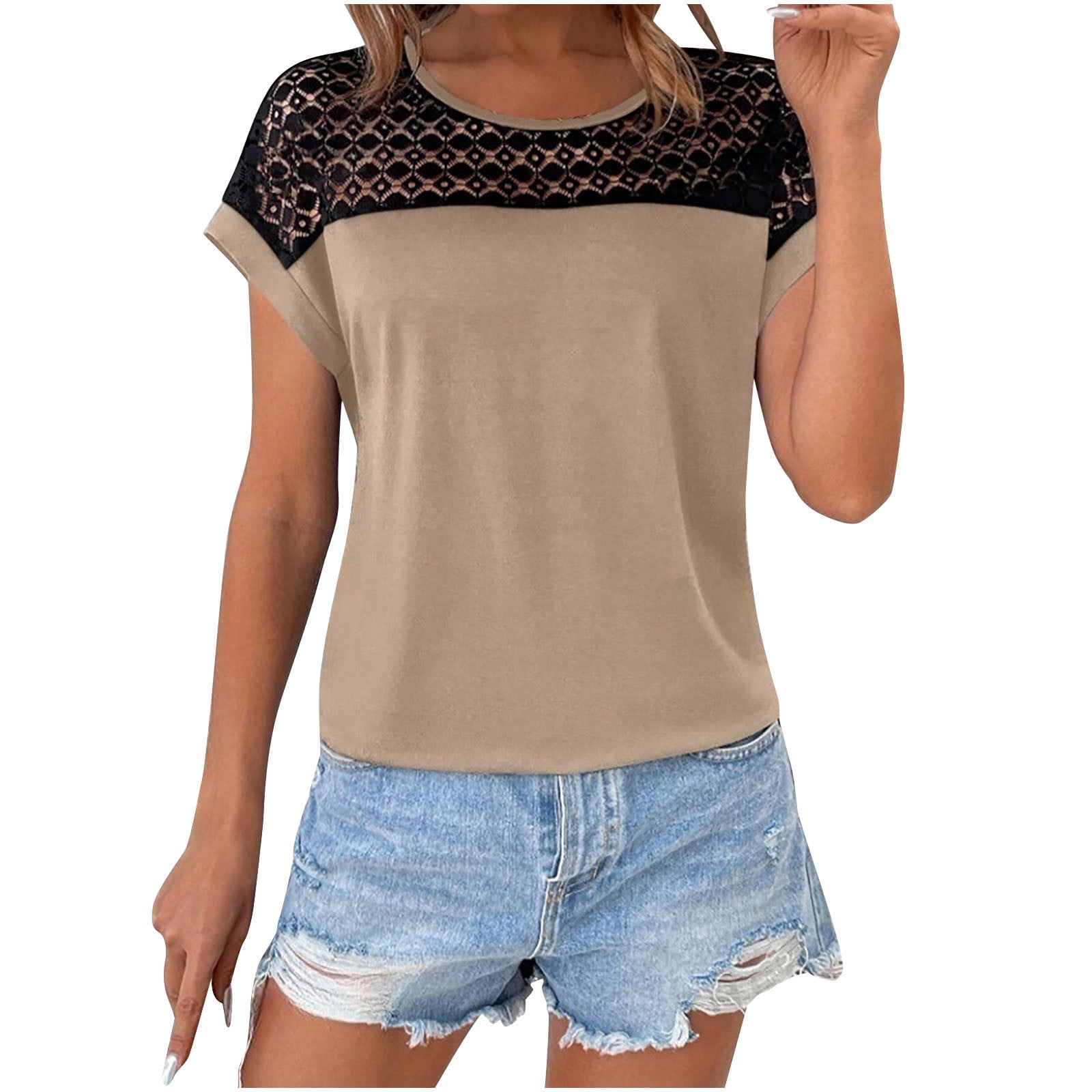 Annhoo Lace Short Sleeve Shirts for Women Crew Neck Trendy Casual Comfy ...