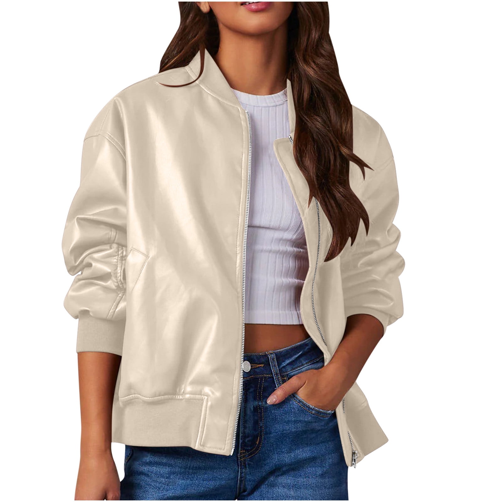 Annhoo Leather Jacket for Women Fall Long Sleeve Zipper up Bomber ...