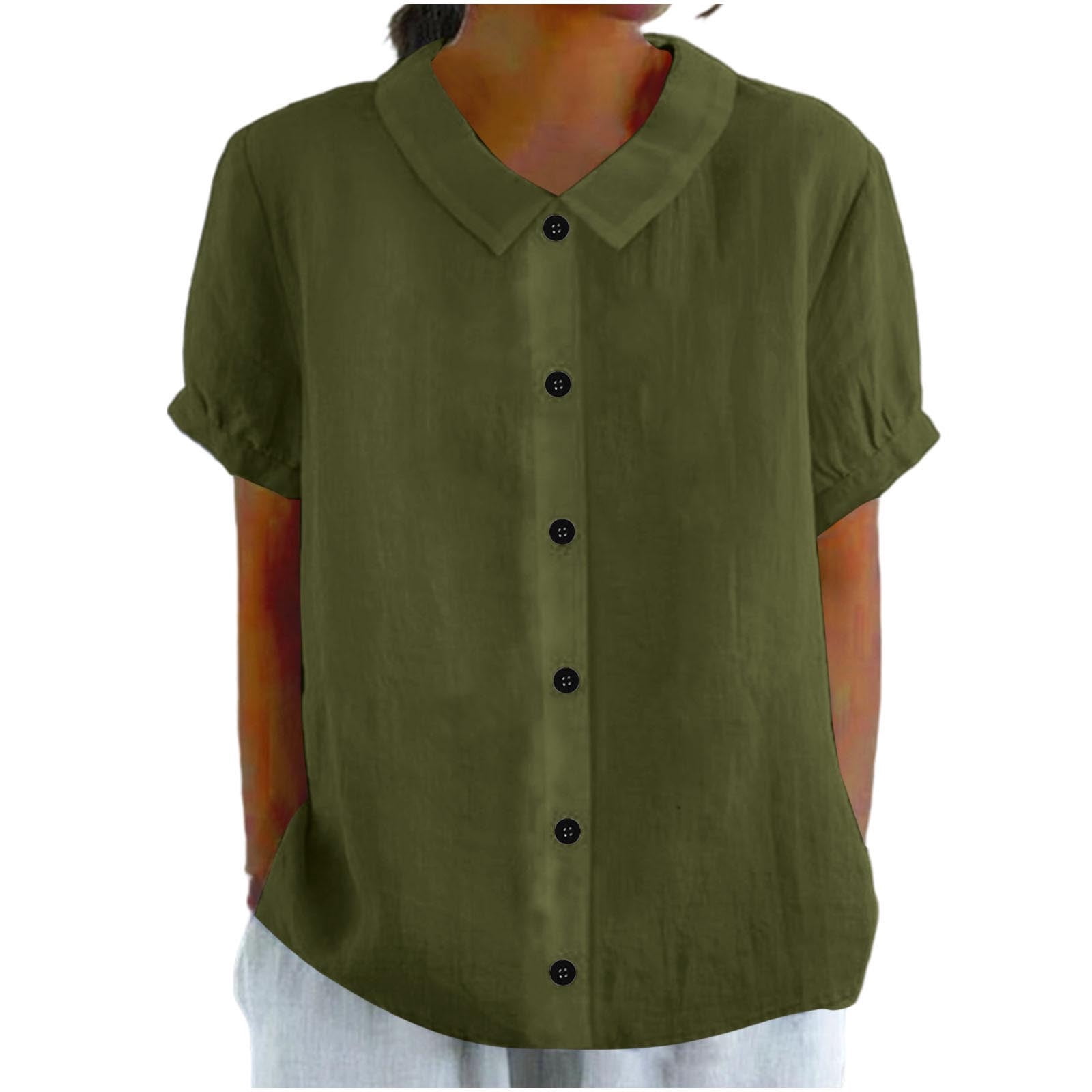 Annhoo Linen Shirts for Women Button down Collar Puff-Short Sleeve ...