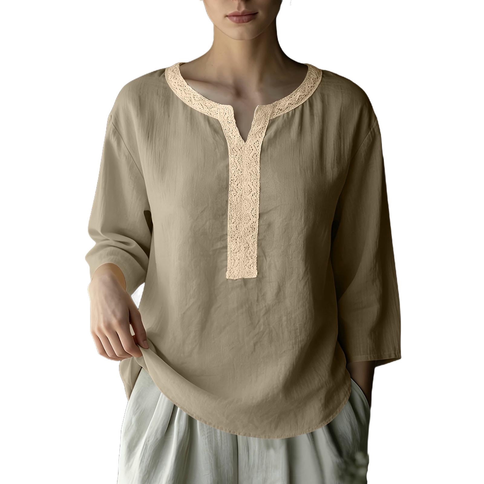 Annhoo Linen Shirts for Women Casual 3/4 Sleeve V Neck Shirts Comfy ...