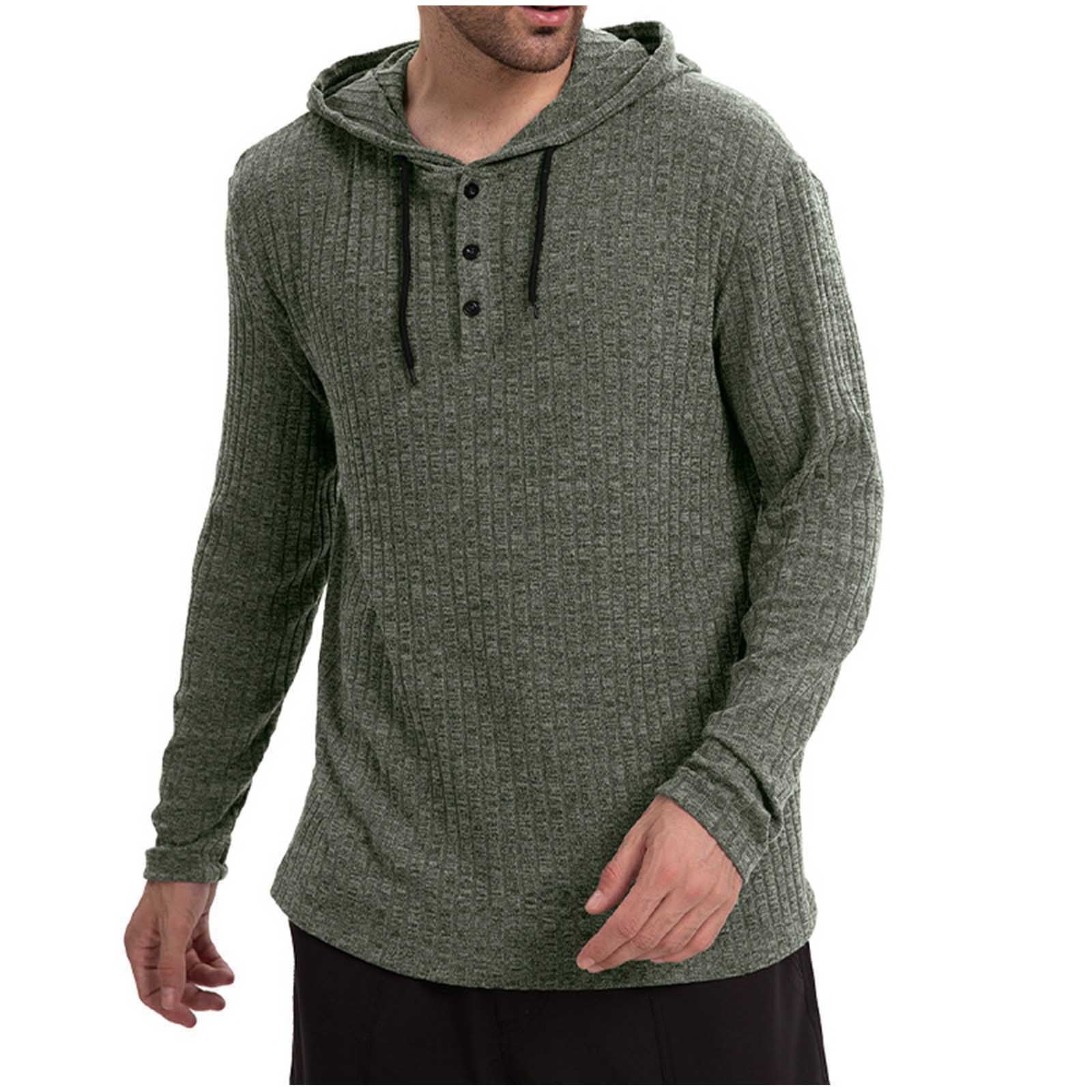 Annhoo Men's Hooded Sweater Drawstring Solid Color Ribbed Knit Shirts ...