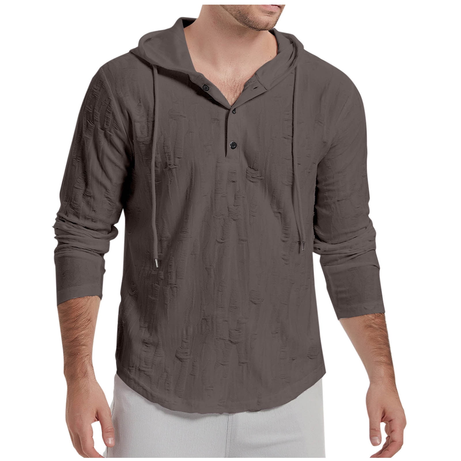 Annhoo Men's Long-Sleeved Tops Textured Solid Color Long Sleeve Hooded ...