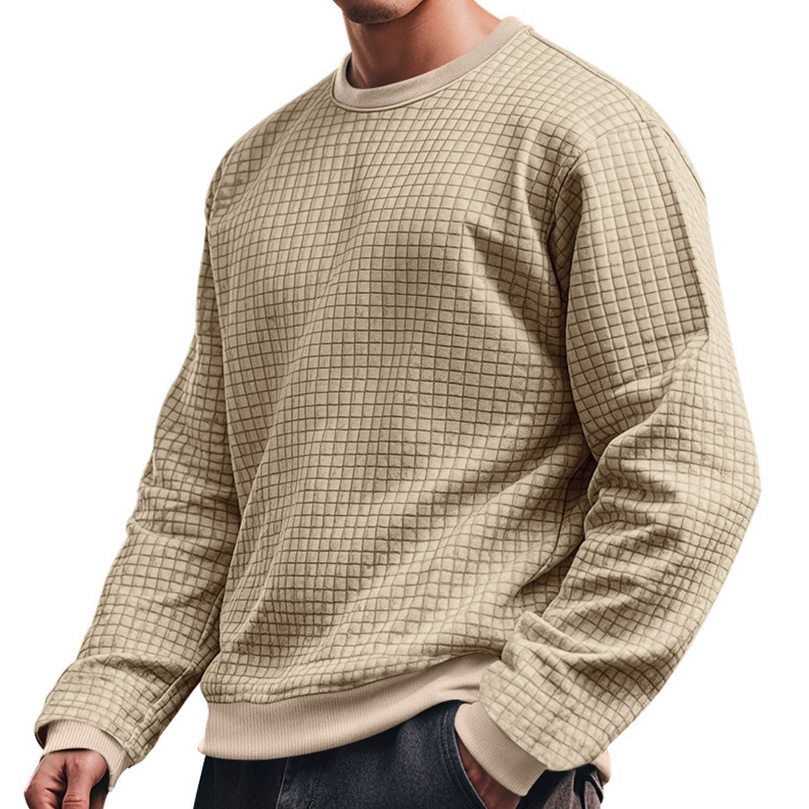 Annhoo Mens Kint Shirts Plaid Long Sleeve Crew Neck Loose Comfy Casual ...