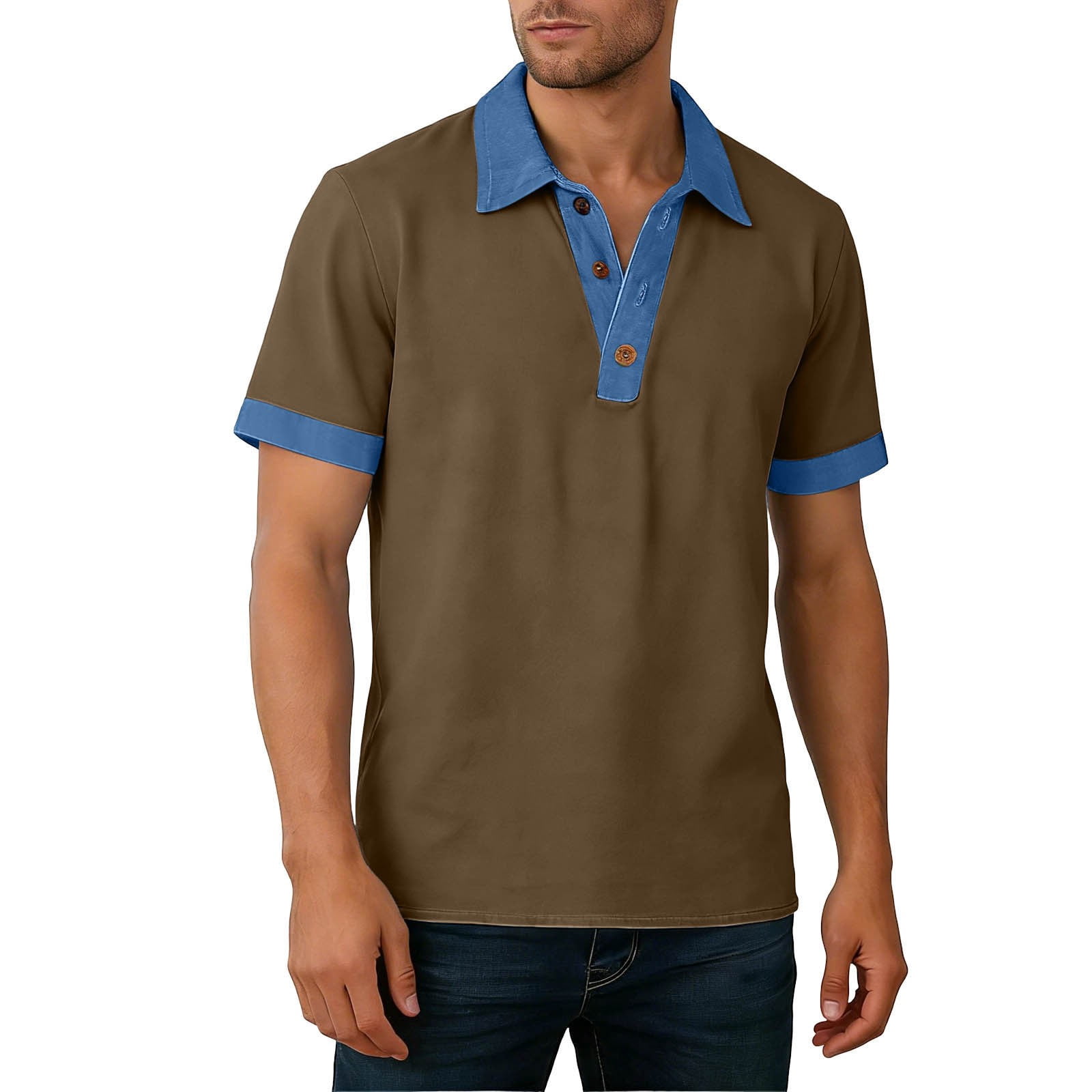 Annhoo Mens T-Shirts Short Sleeve Button Lapel Neck Color Block Loose ...