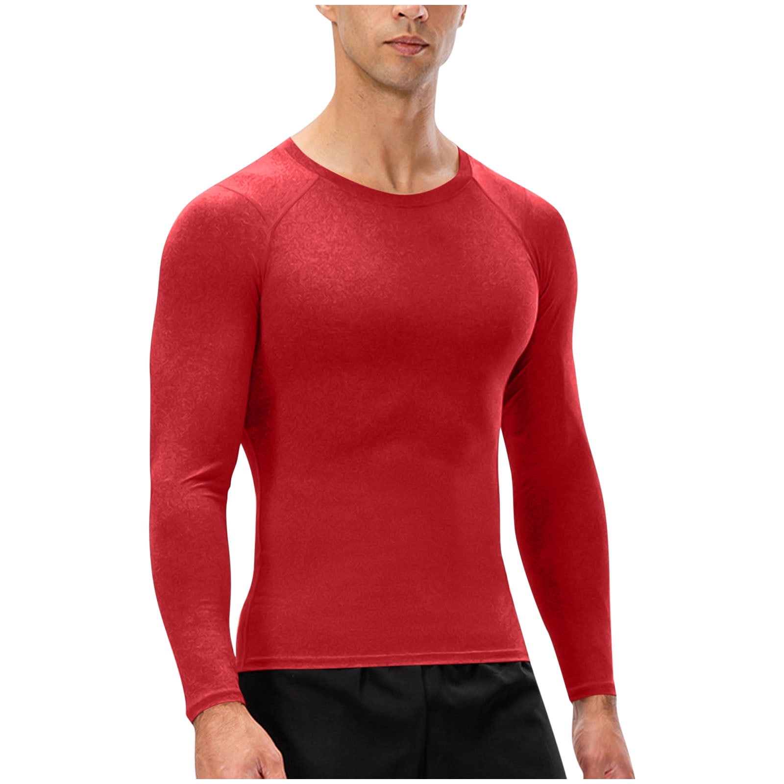 Annhoo Mens Workout T-Shirts High Elastic Crew Neck Long Sleeve Tops Solid Color Athletic Basic ...