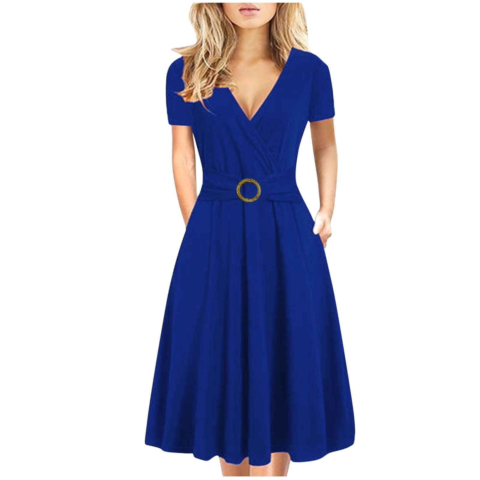 Annhoo Midi Dresses for Women Business V Neck Summer Short Sleeve Dress ...