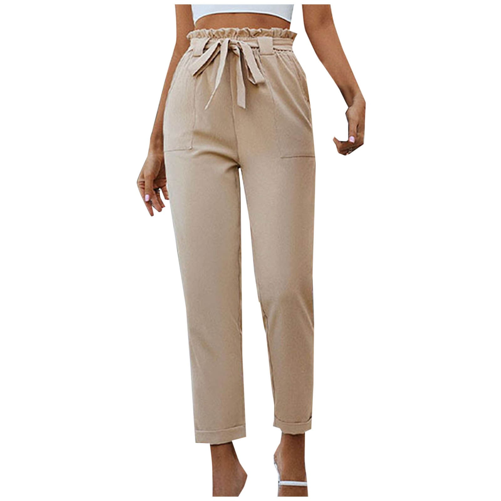 Annhoo Pants for Women Elegant High Waisted Tie Tapered Pants Fashion Office Work Lounge Trousers with Pockets