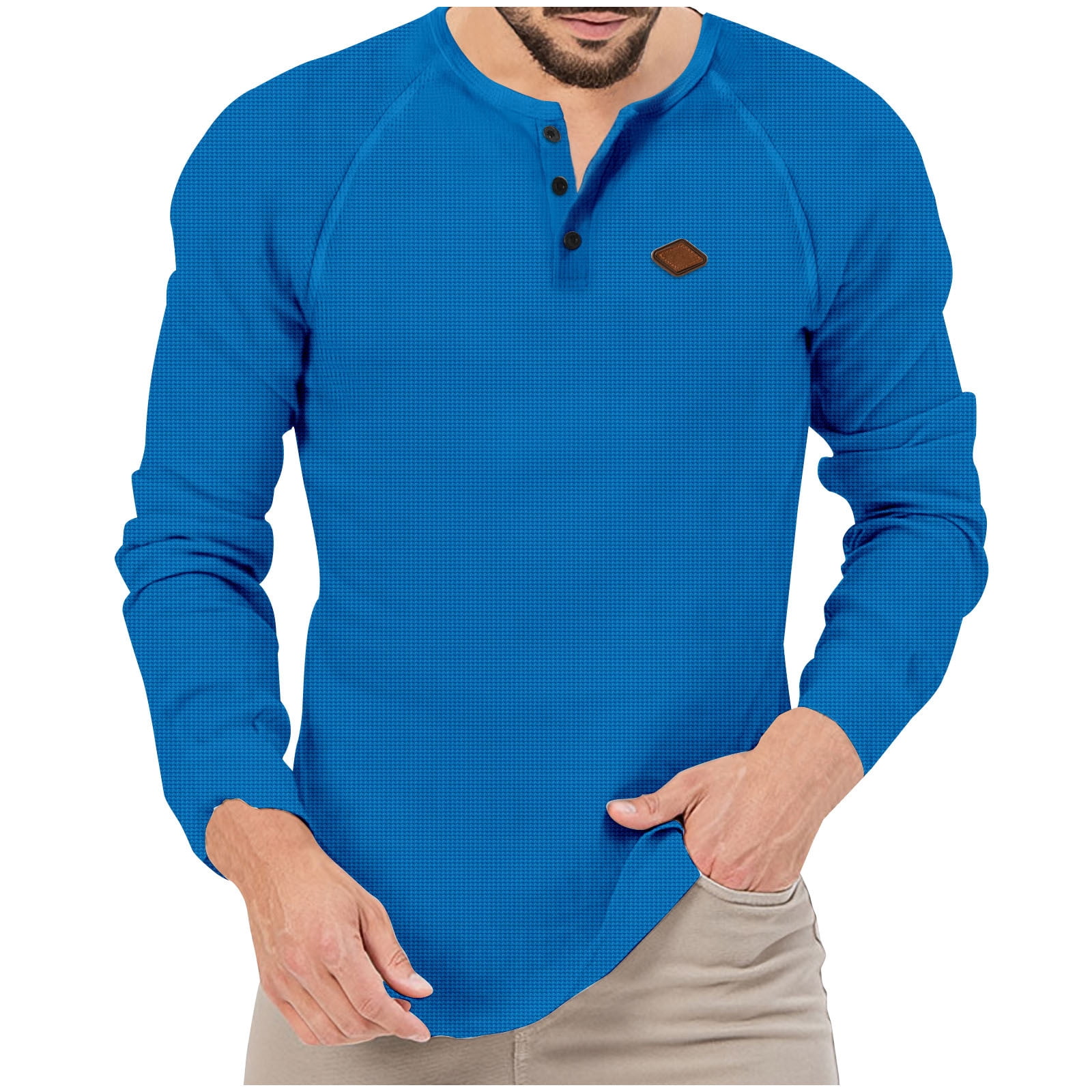 Annhoo Plus Size Men's Blouses Solid Color Button Crew Neck Long Sleeve ...