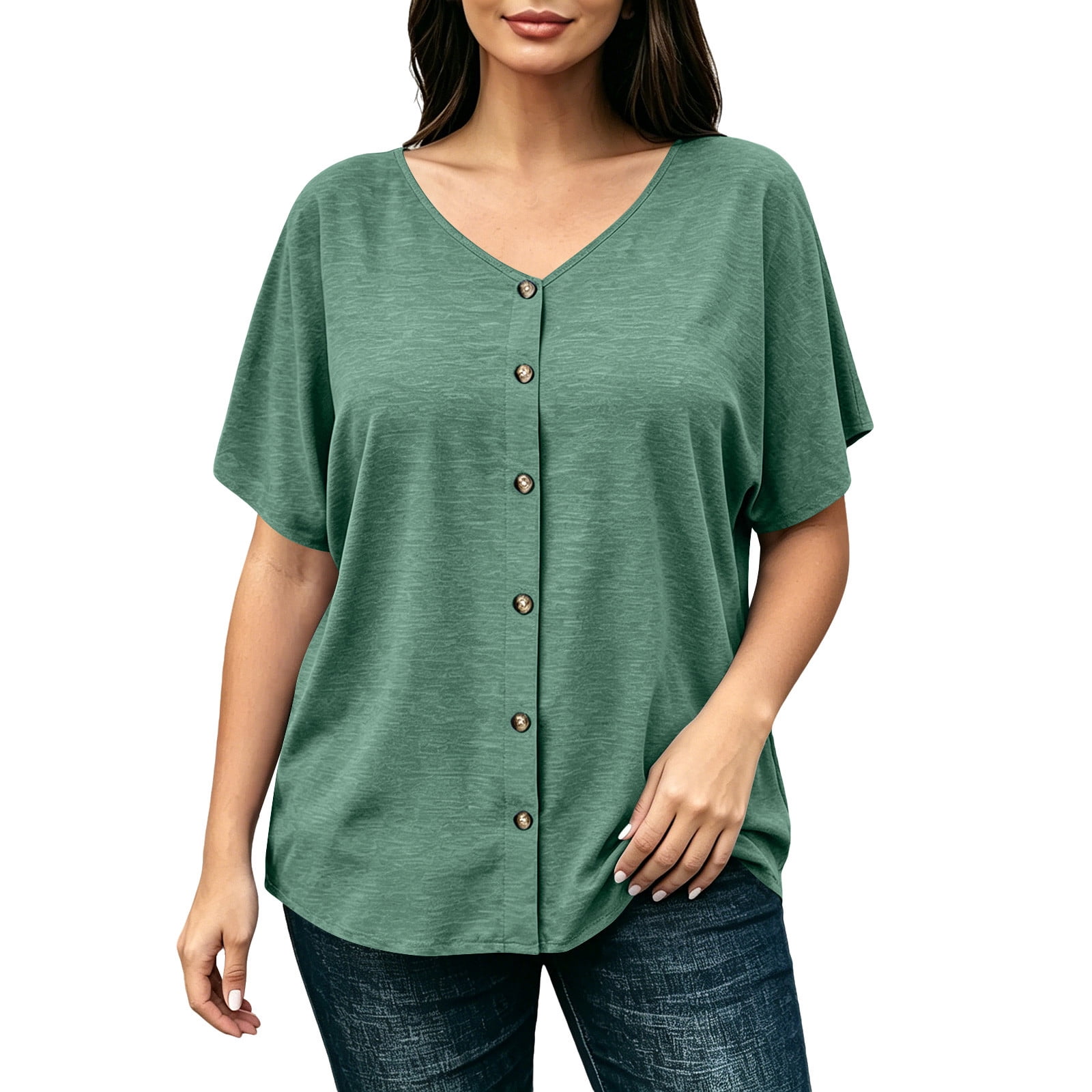 Annhoo Plus Size Shirts for Women Casual V Neck Short Sleeve Pullover ...