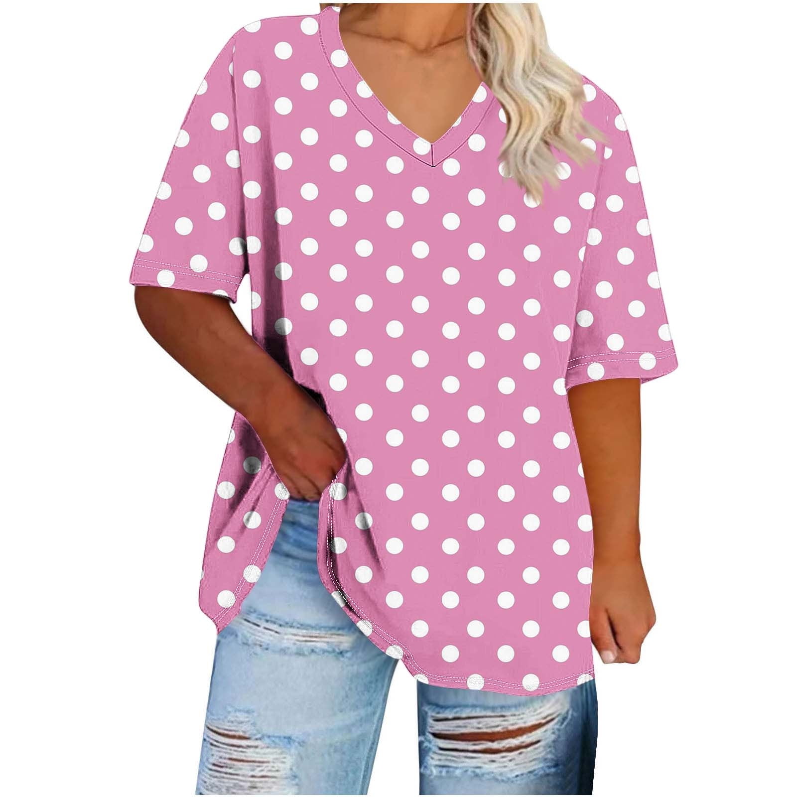 Annhoo Plus Size Tops for Women Summer V Neck Polka Dot Short Sleeve ...