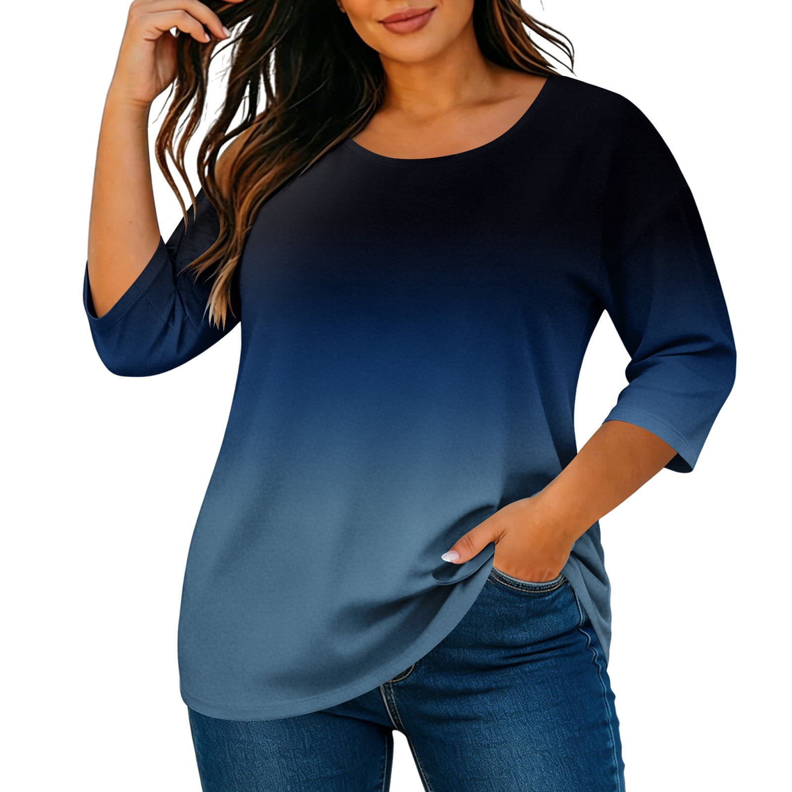 Annhoo Plus Size Tshirts for Women Fashion Round Neck 3/4 Sleeve ...