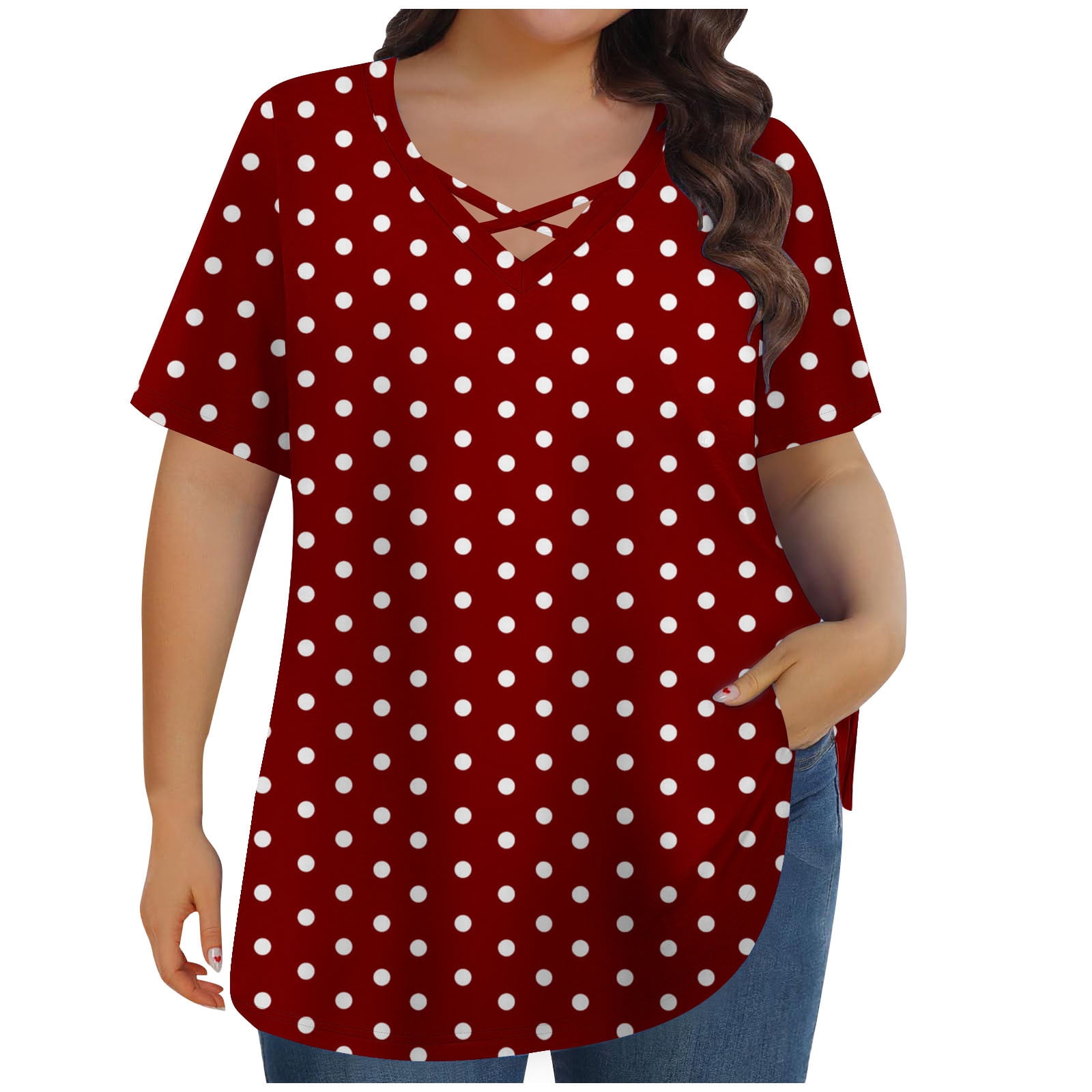 Annhoo Plus Size Tshirts for Women Polka Dots V Neck Criss Cross Tops ...