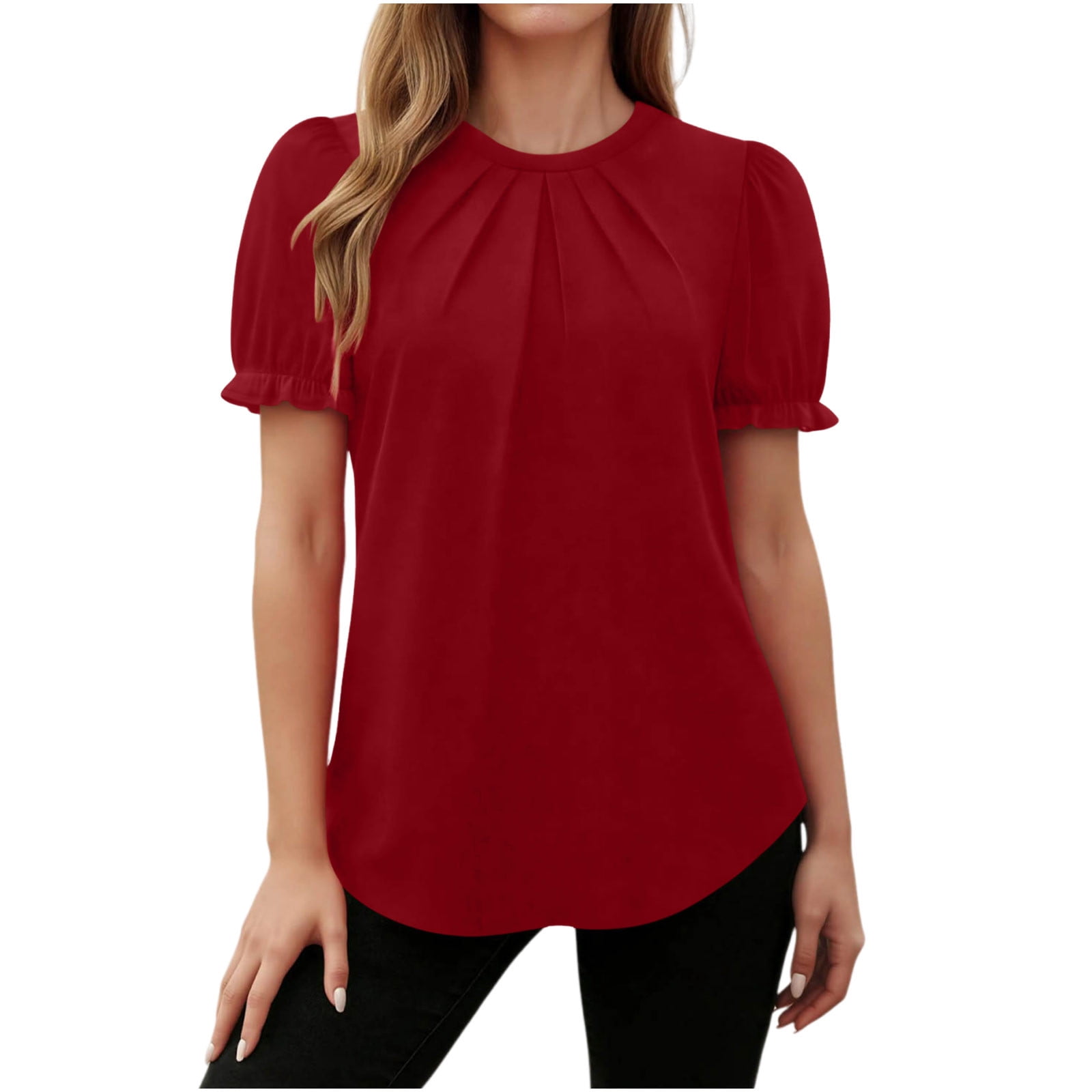 Annhoo Puff-Short Sleeve Top for Women Crew Neck Pleated Front Solid ...