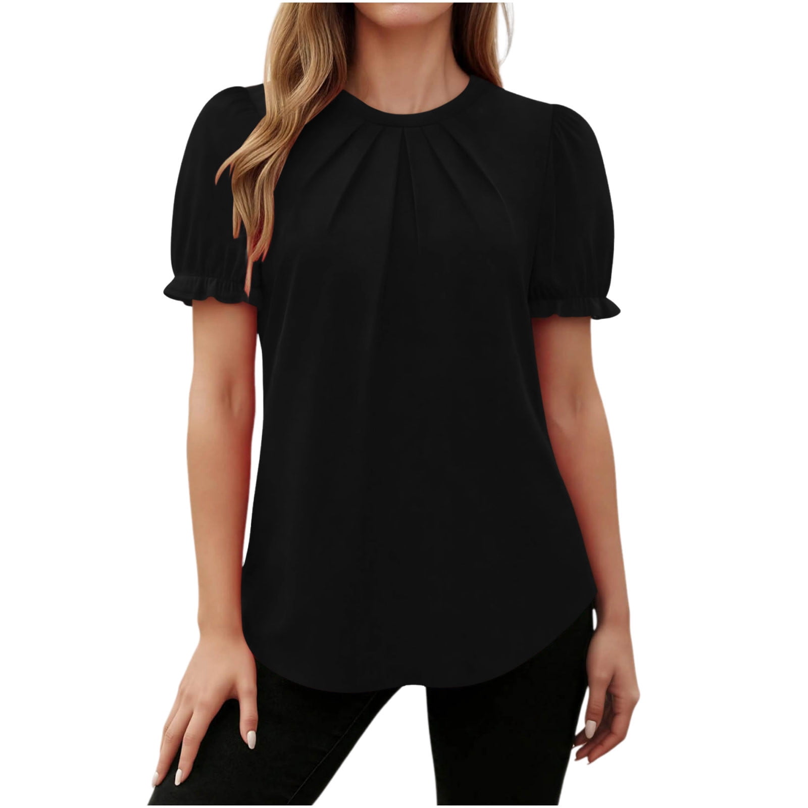 Annhoo Puff-Short Sleeve Top for Women Crew Neck Pleated Front Solid ...