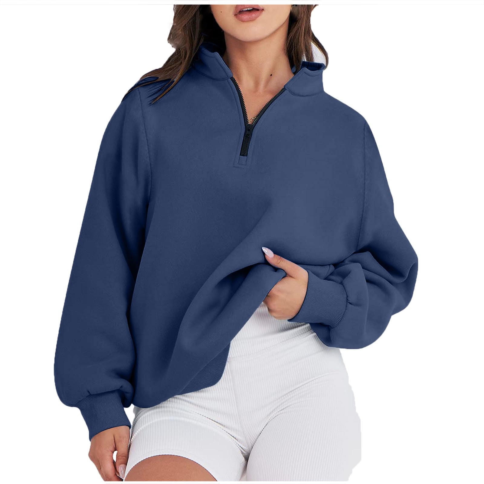 Annhoo Quarter Zip Pullover Women Baggy Long Sleeve Stand Collared ...