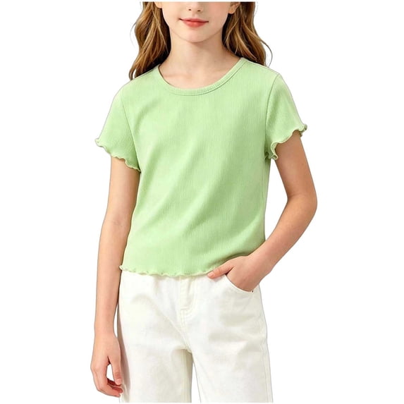 Annhoo Ribbed Knit Pullover for Girl Short Sleeve Round Neck Ruffle ...