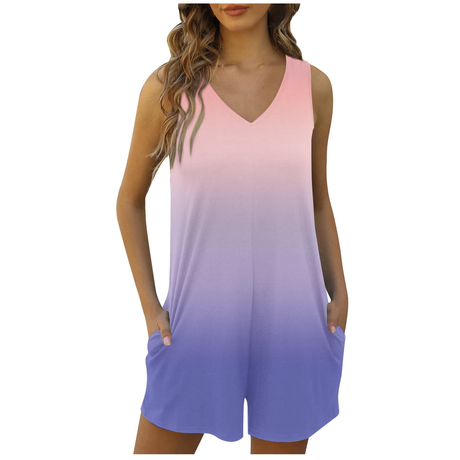 Annhoo Rompers for Women Summer Sleeveless Zip Back V Neck Tank ...