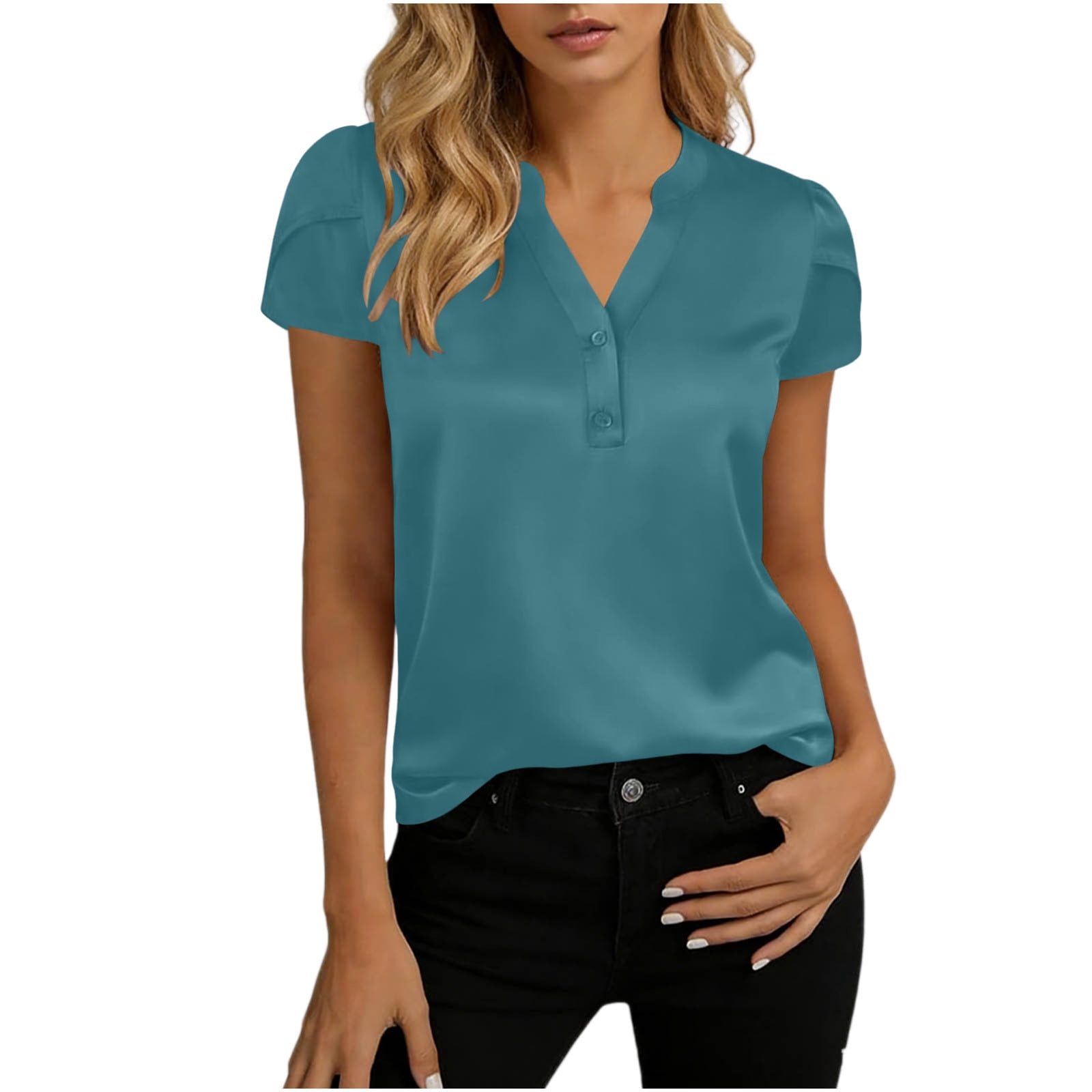 Annhoo Satin Tops for Women Fashion Summer Notch-Neck Short Sleeve ...
