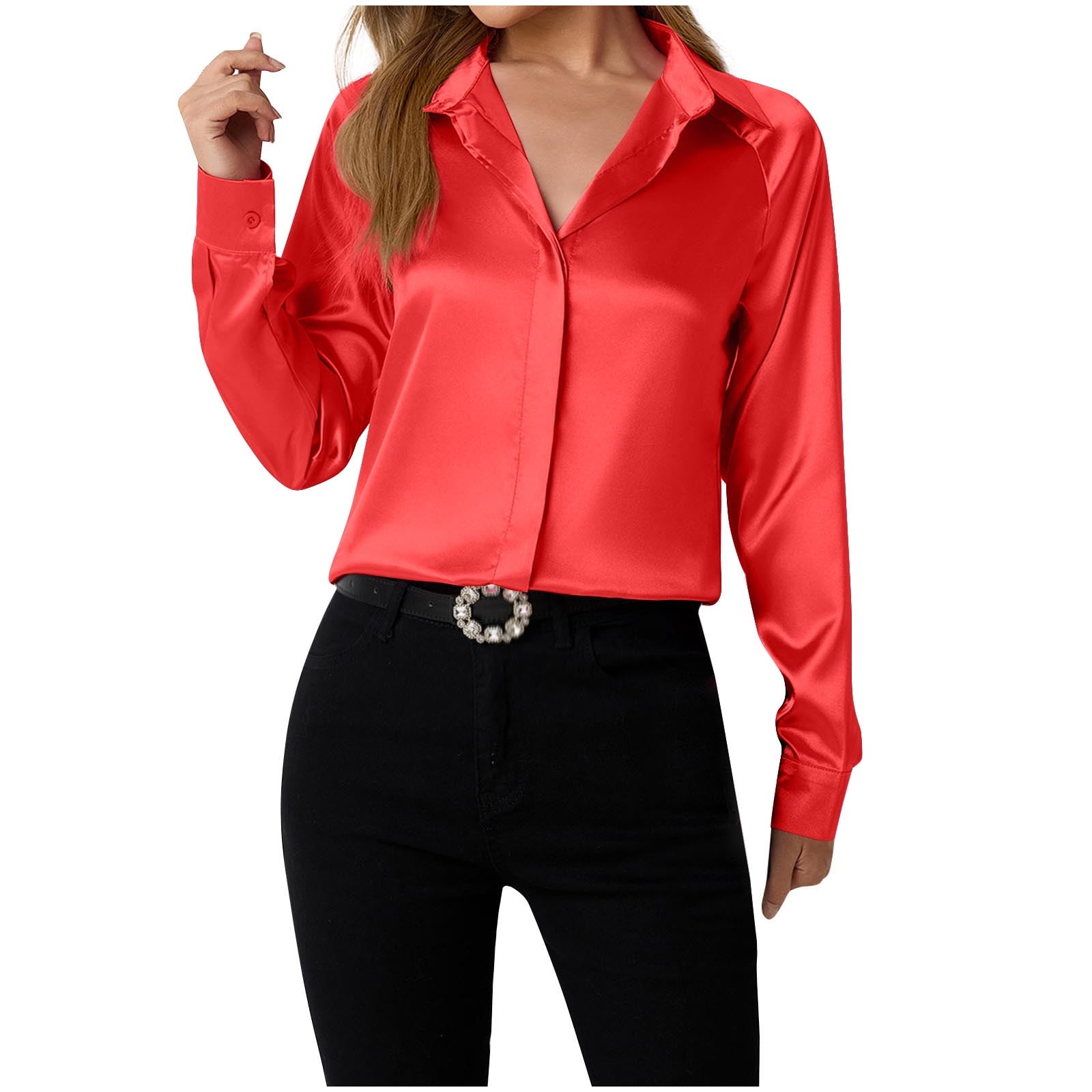 Annhoo Shirts for Women Dressy Casual Satin Collar Button Down Solid ...