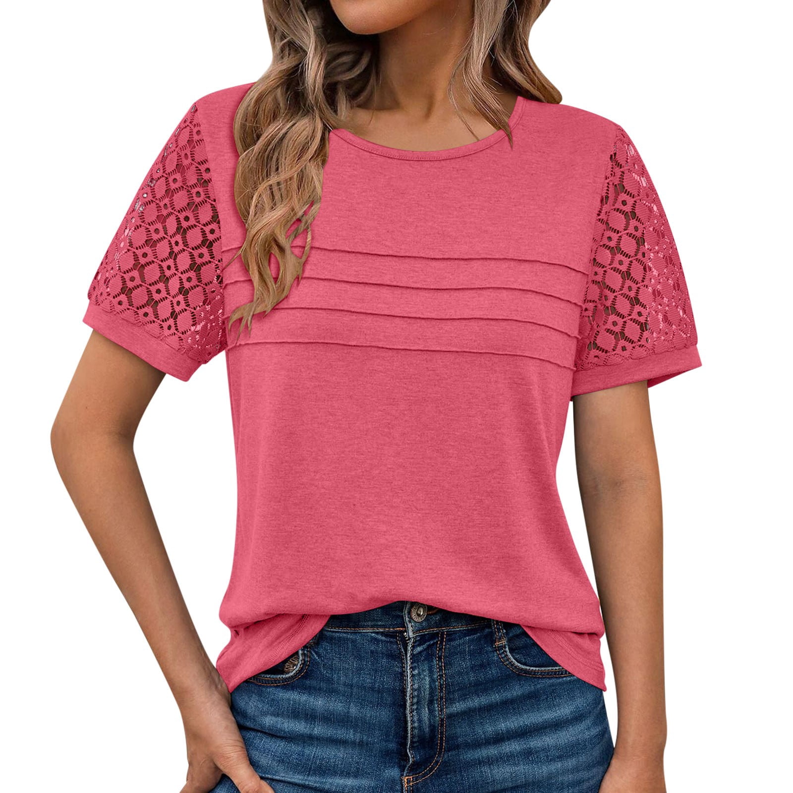 Annhoo Short Sleeve Shirts for Women Crew Neck Pleated Basic Tops ...