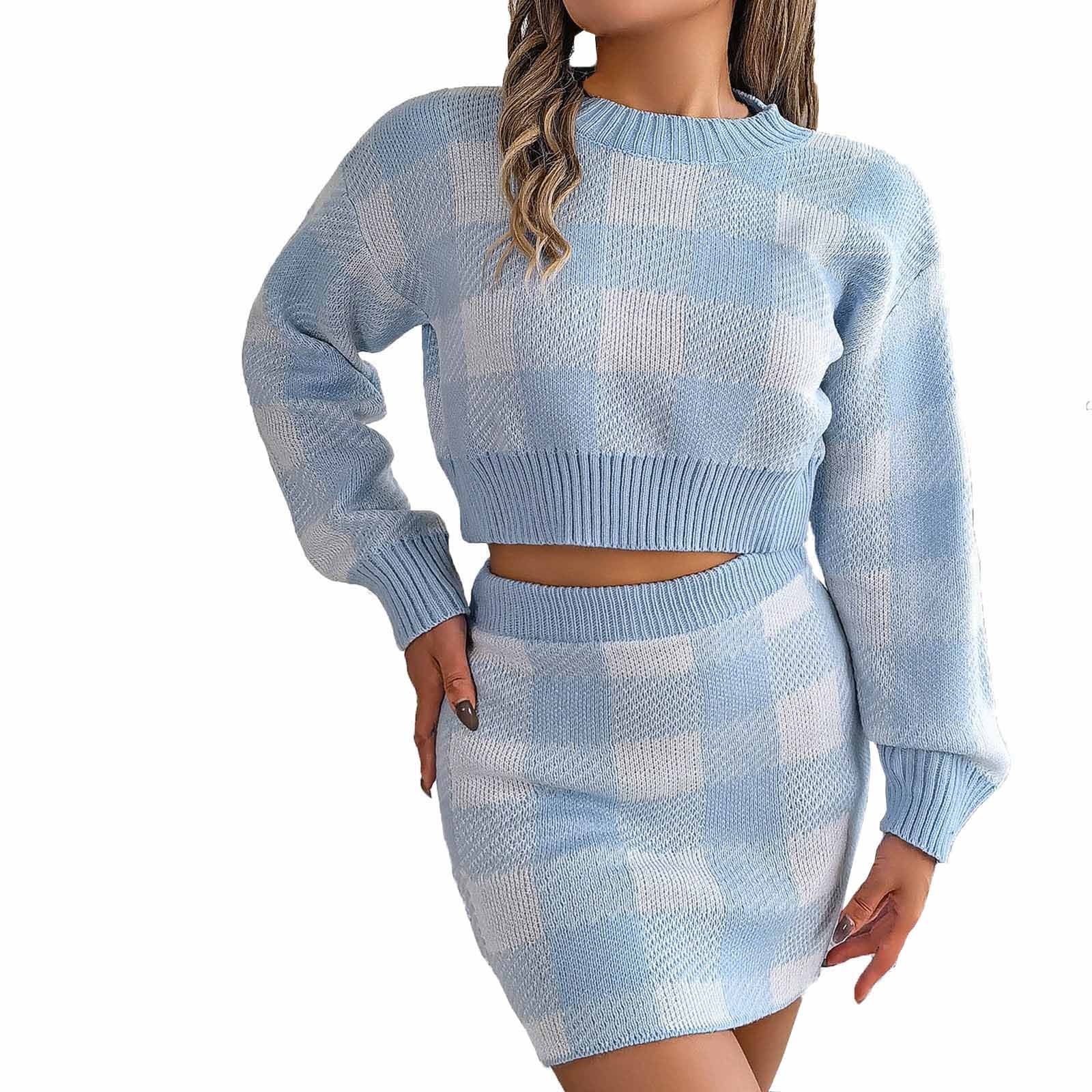 Annhoo Skirt Sets Women 2 Piece Knit Plaid Sweater Outfits Round Neck ...