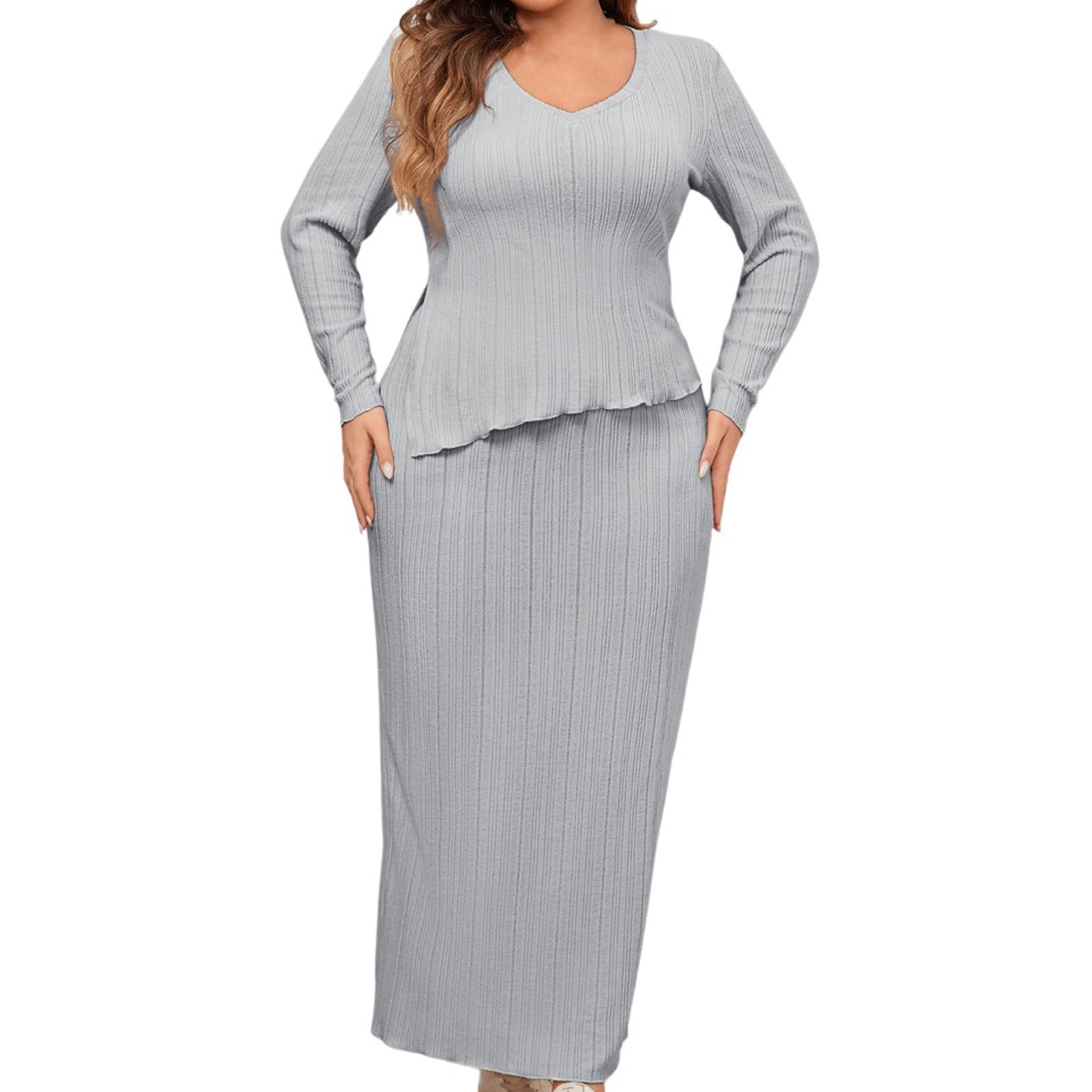 Annhoo Skirt Sets Women 2 Piece Outfits Plus Size Long Sleeve V Neck ...