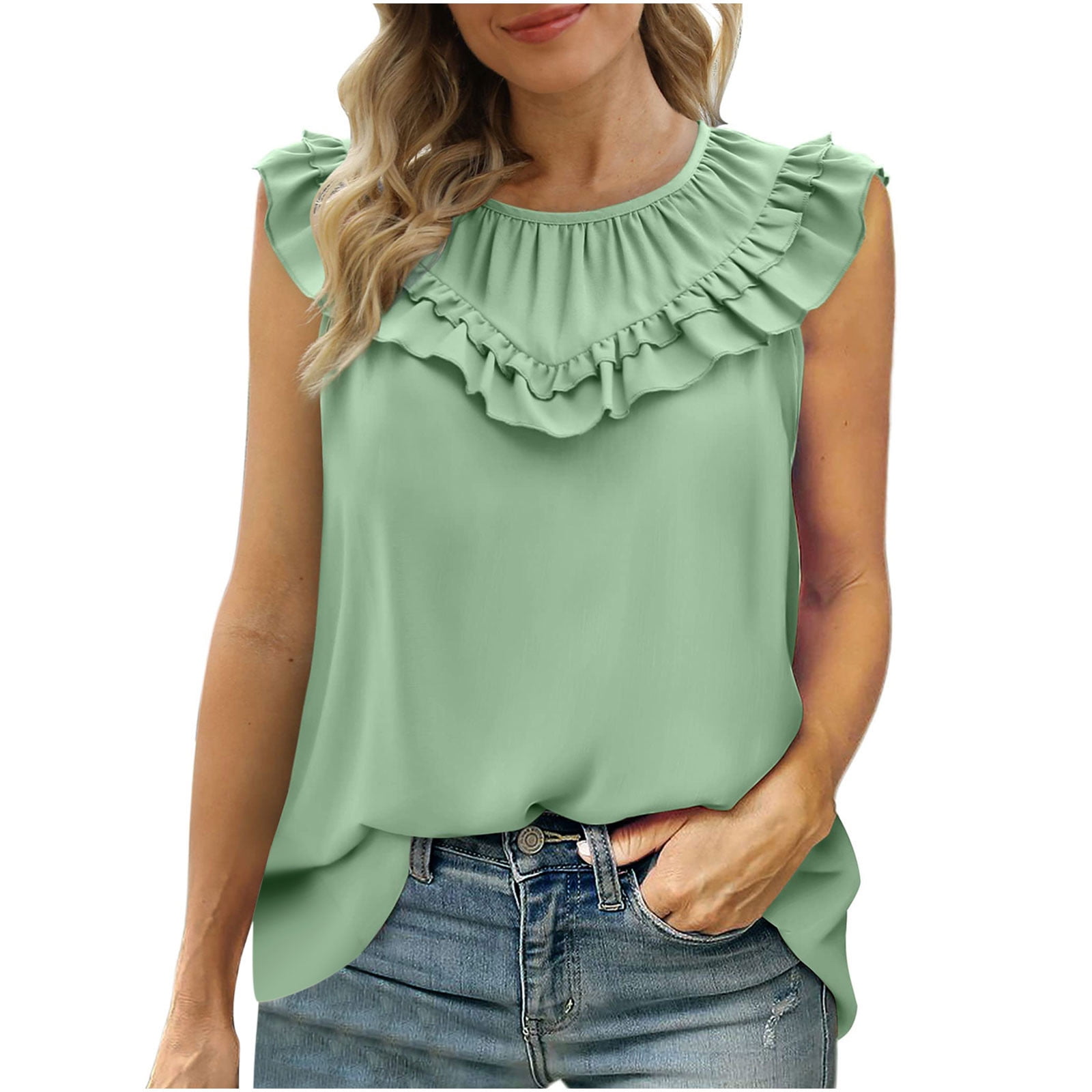 Annhoo Sleeveless Tank Tops for Women Cute Ruffle Trim Crewneck T ...