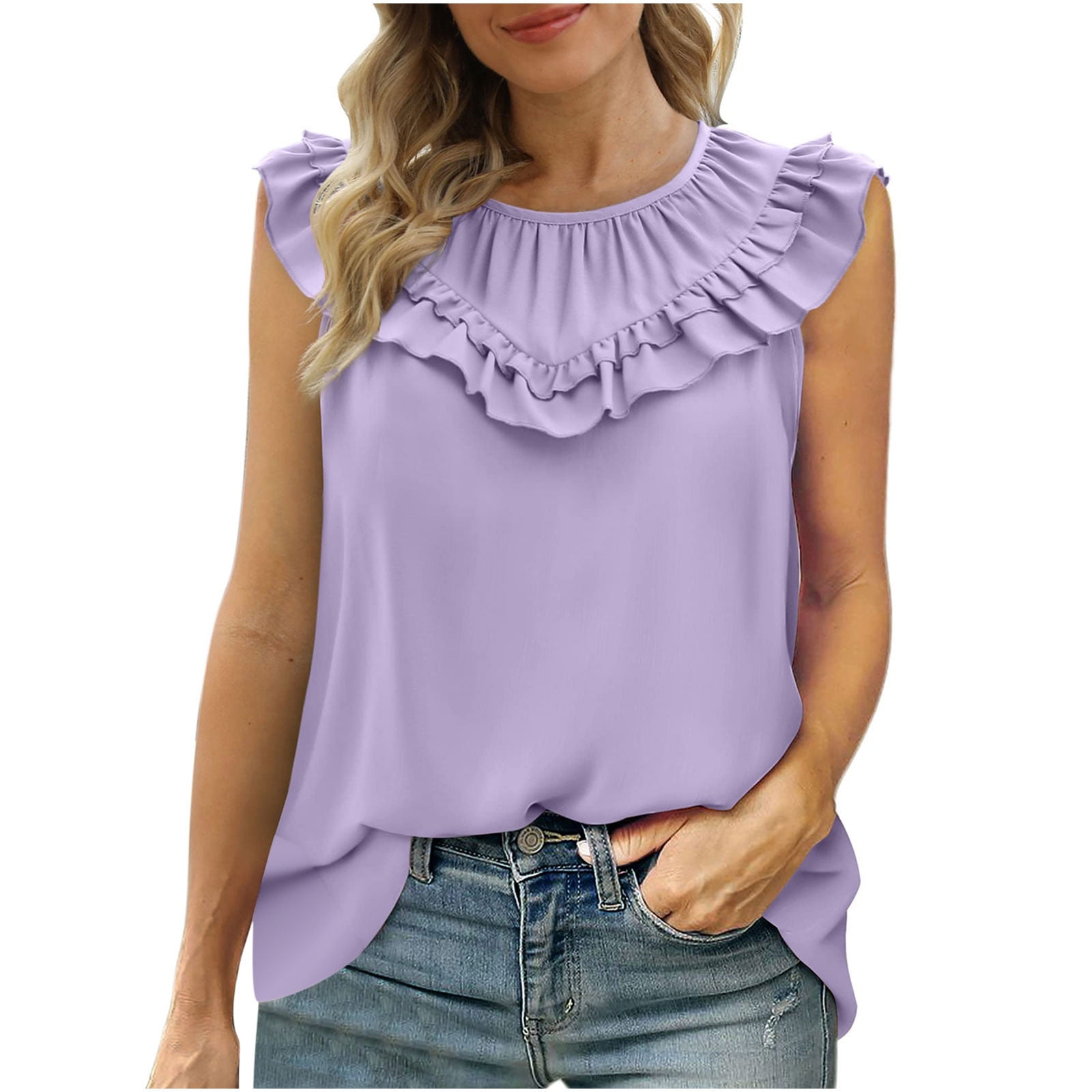 Annhoo Sleeveless Tank Tops for Women Cute Ruffle Trim Crewneck T ...