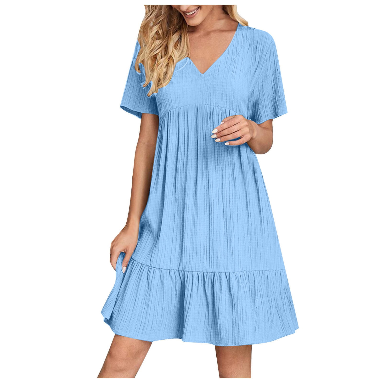 Annhoo Summer Dresses for Women Short Sleeve V Neck Tiered A-Line ...