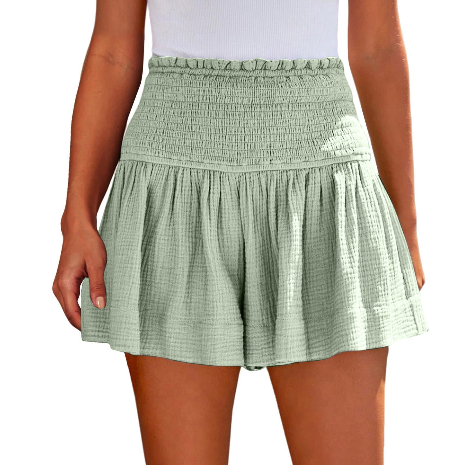 Annhoo Summer Shorts for Women Ruffle Smocked High Waisted Casual Wide ...