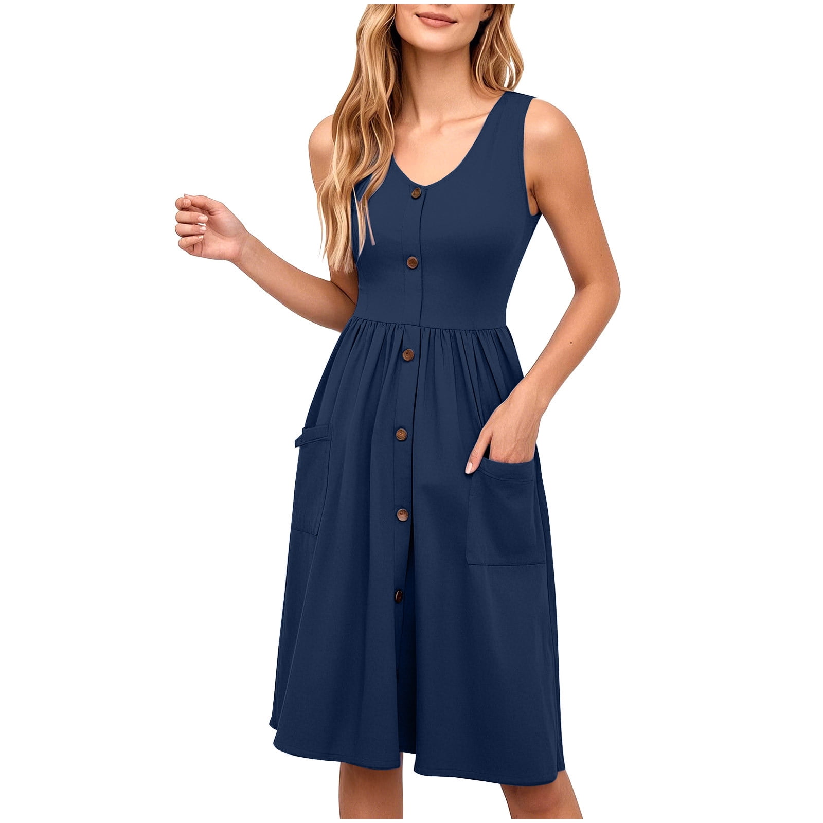 Annhoo Summer Tank Dresses for Women 2025 V Neck Sleeveless Button ...