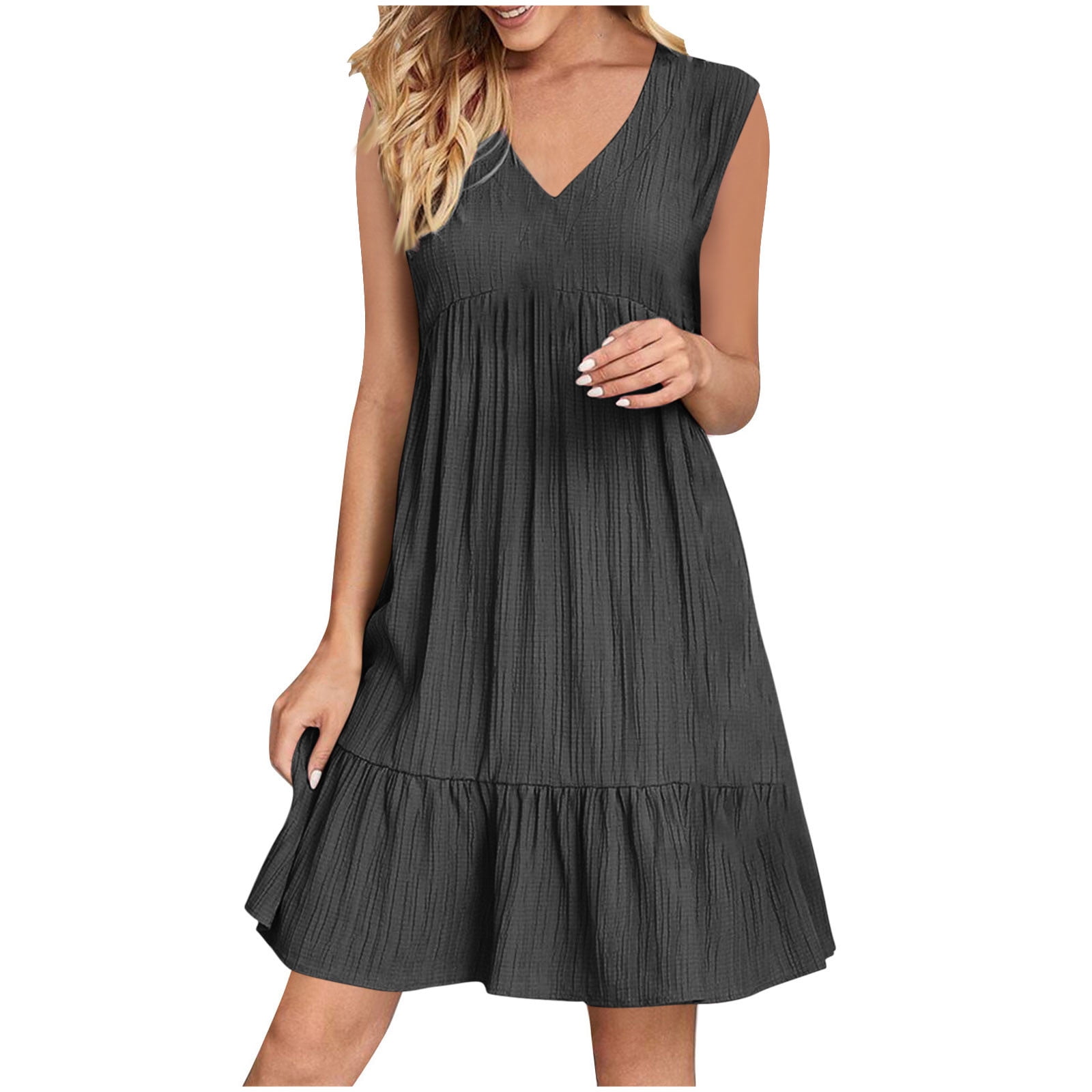Annhoo Summer Tank Dresses for Women V Neck Sleeveless Pleated Loose ...