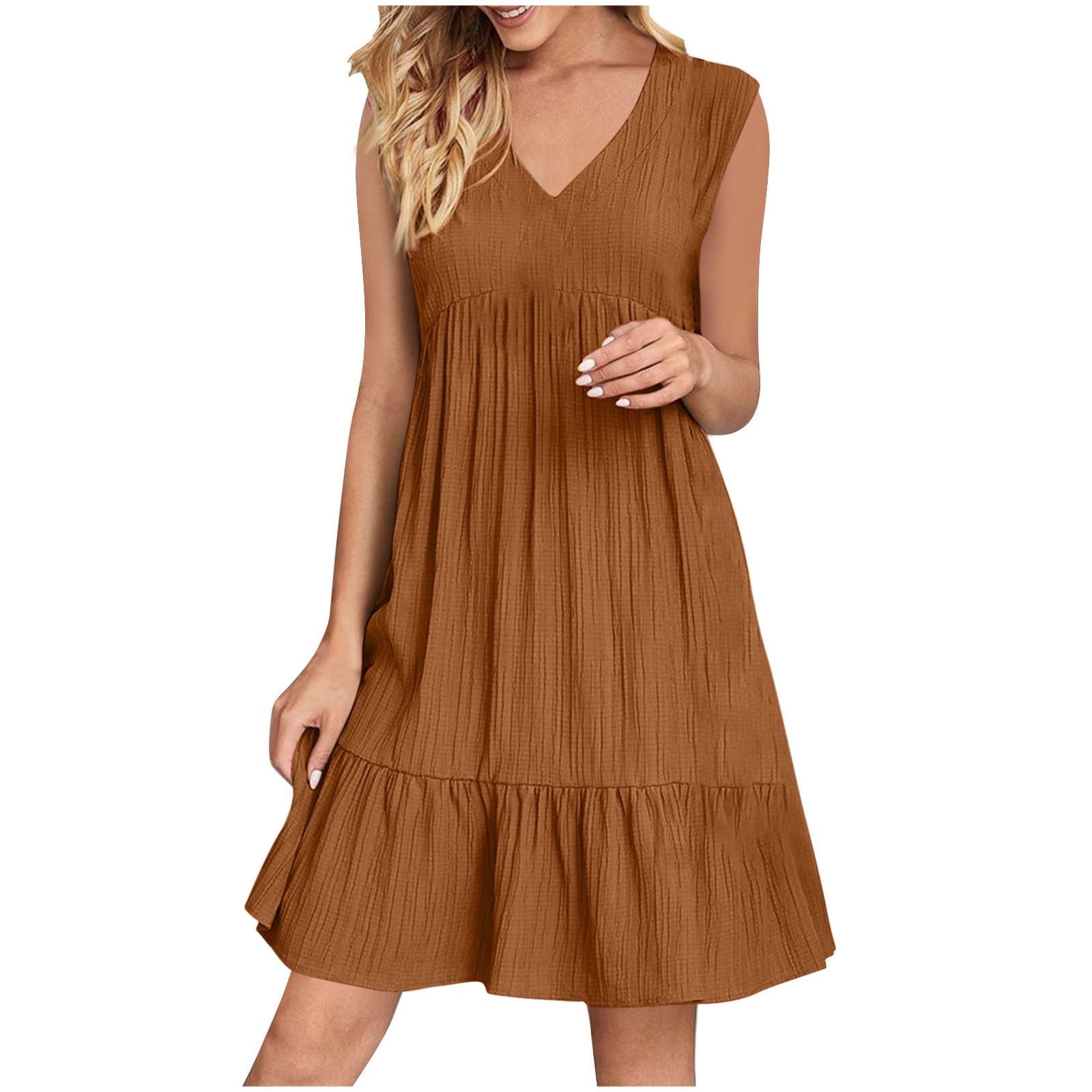 Annhoo Summer Tank Dresses for Women V Neck Sleeveless Pleated Loose ...