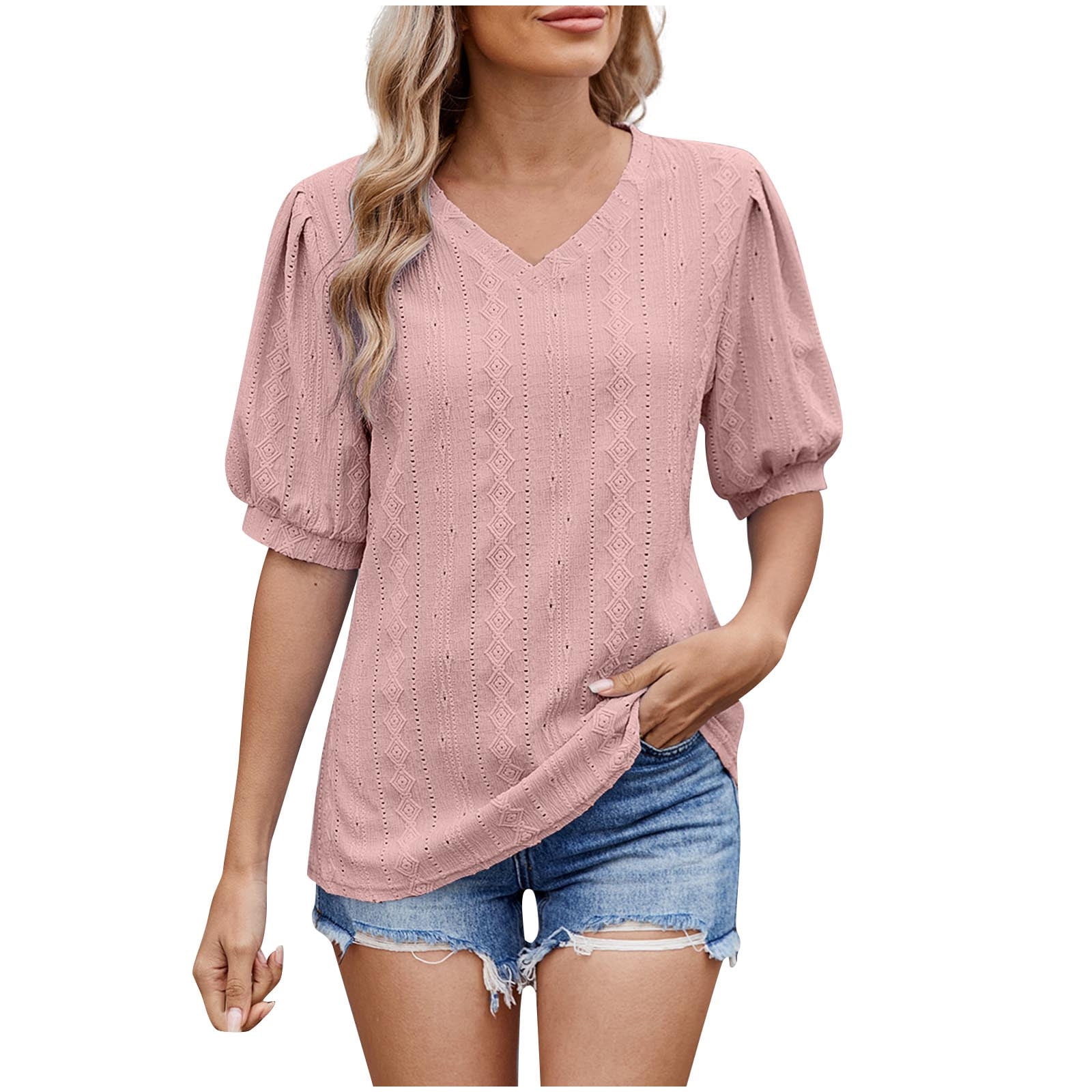 Annhoo Summer Tops for Women Eyelet Crew Neck Puff Sleeve Blouses ...