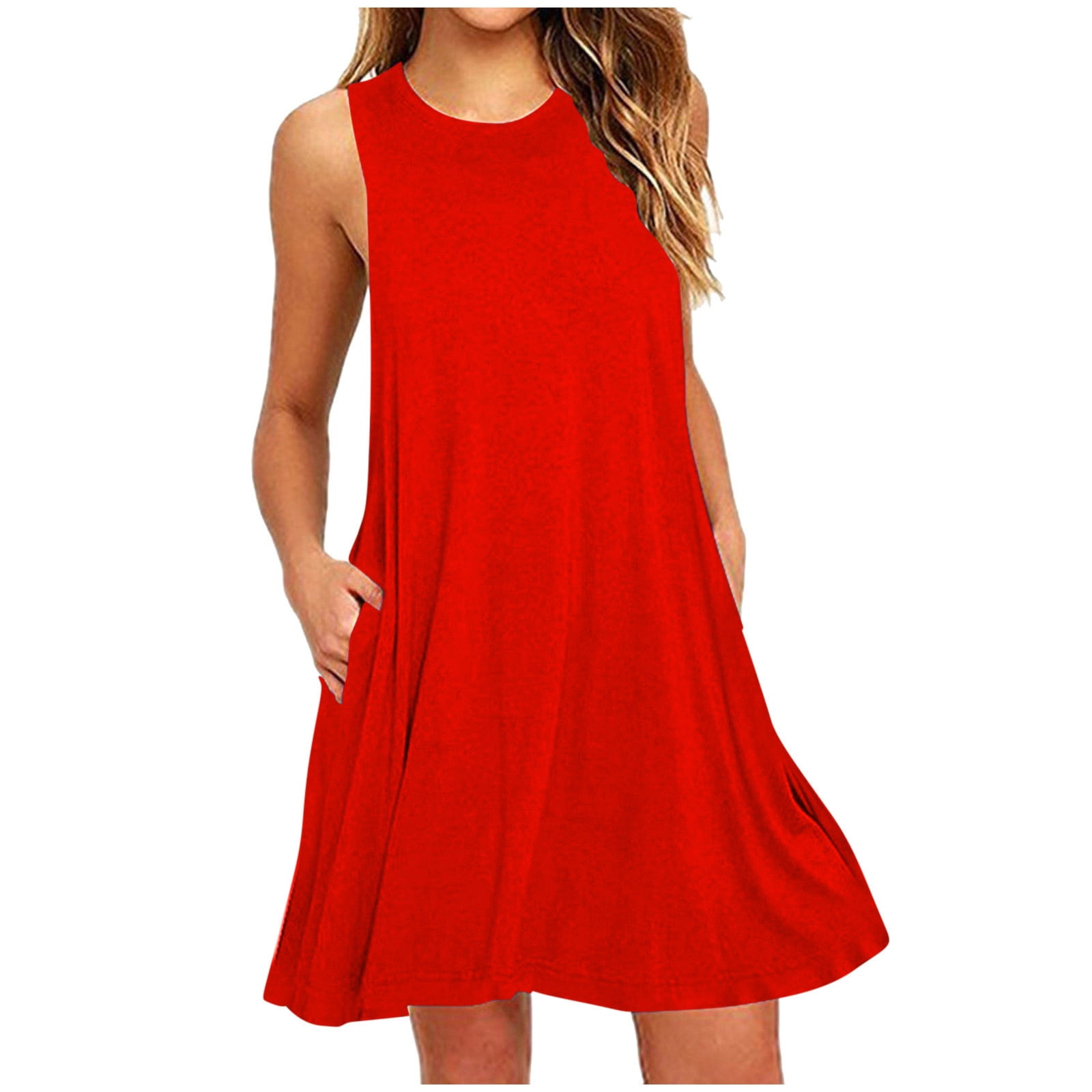 Annhoo Tank Dresses for Women Crew Neck Sleeveless A-Line Casual Comfy ...