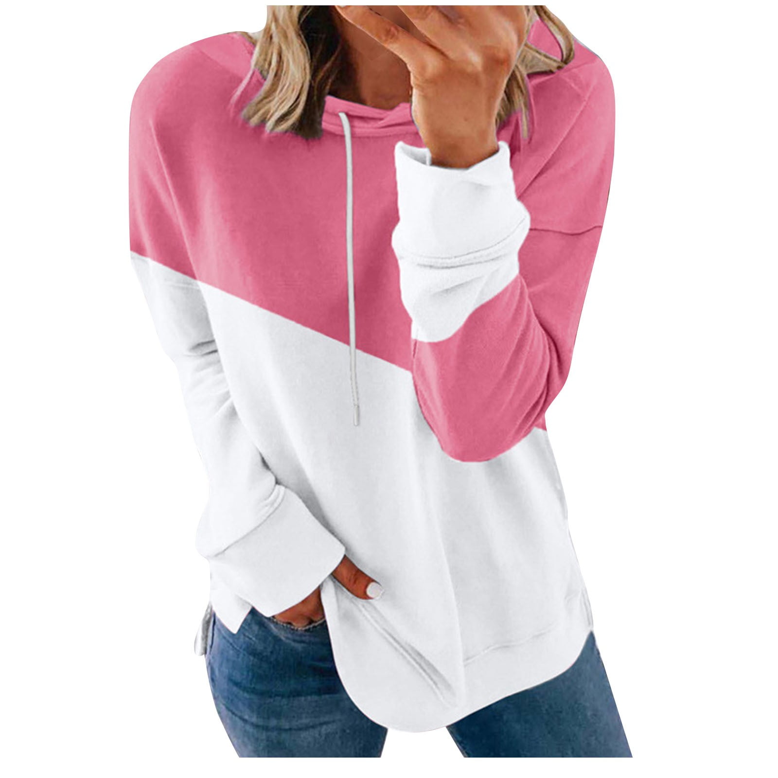 Annhoo Tops for Women Color Block Drawstring Long Sleeve Hooded ...