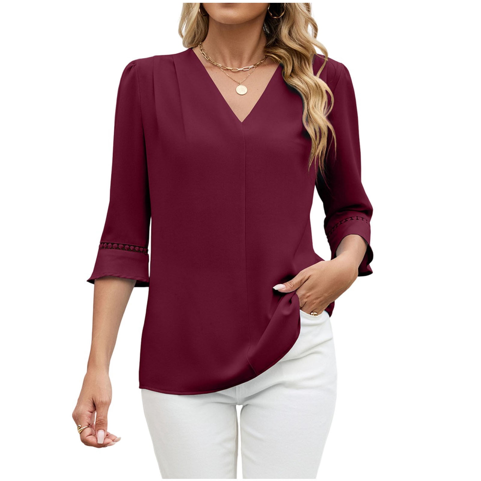 Annhoo Tops for Women Dressy Casual Pleated V Neck Solid Color 3/4 ...