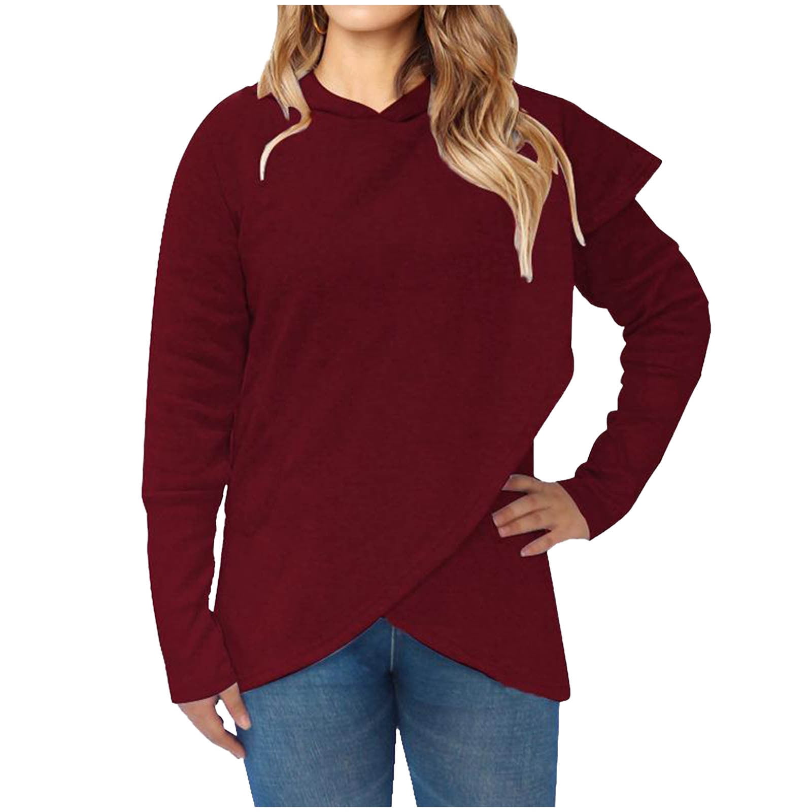Annhoo Trendy Blouse for Women Patchwork Curve Bottom Long Sleeve Comfy ...