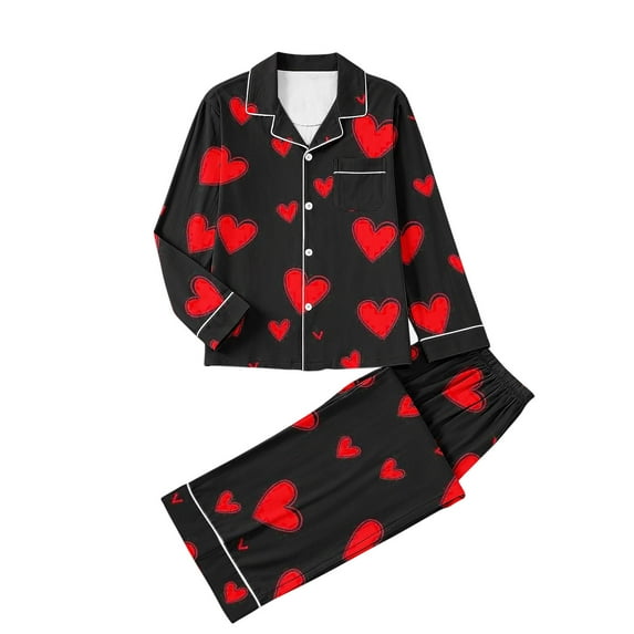 Annhoo Valentine's Day Womens Sets Long Sleeve Collar Cute Print Button ...